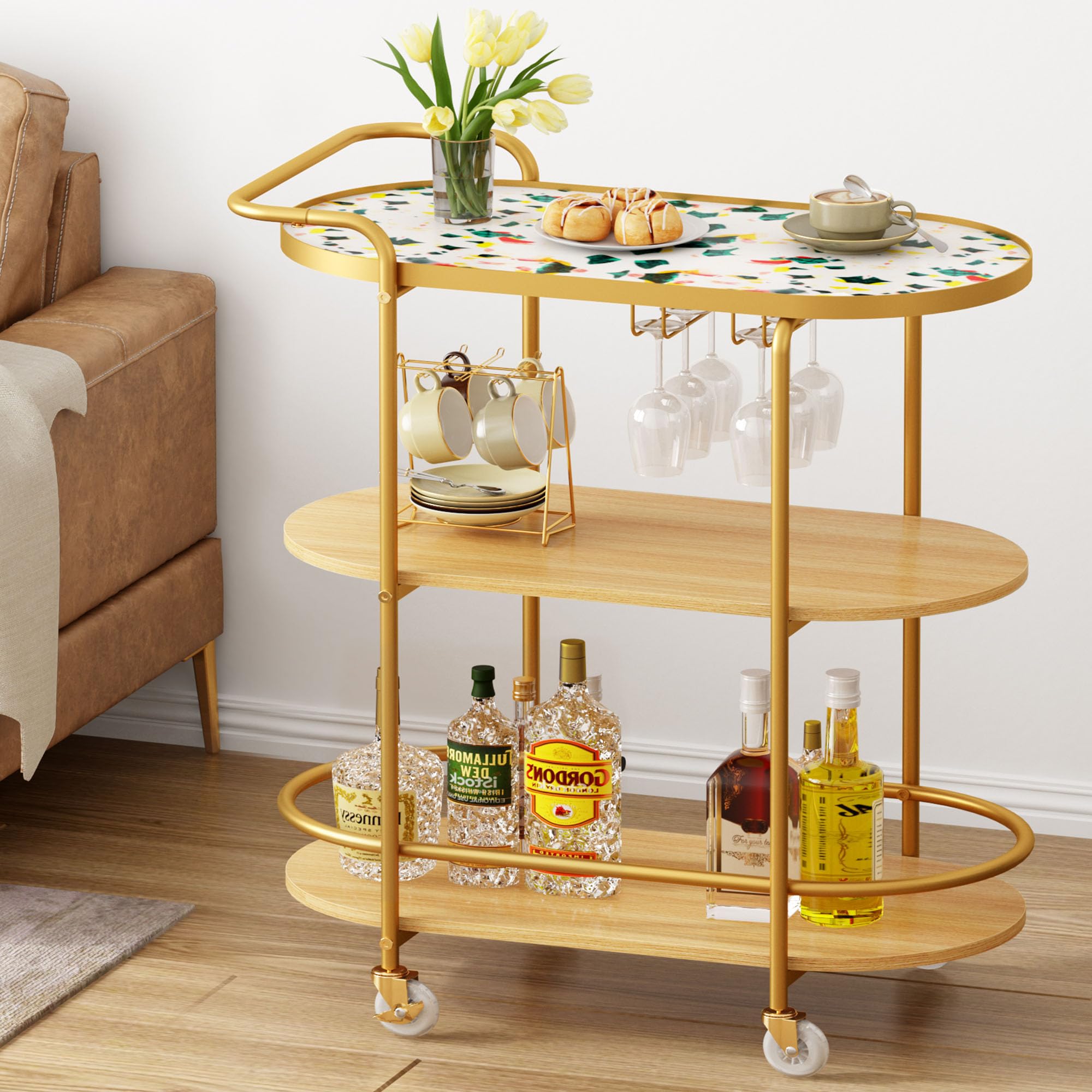 Snapklik.com : Soges Gold Bar Cart, 3 Tiers Home Bar Serving Cart On ...