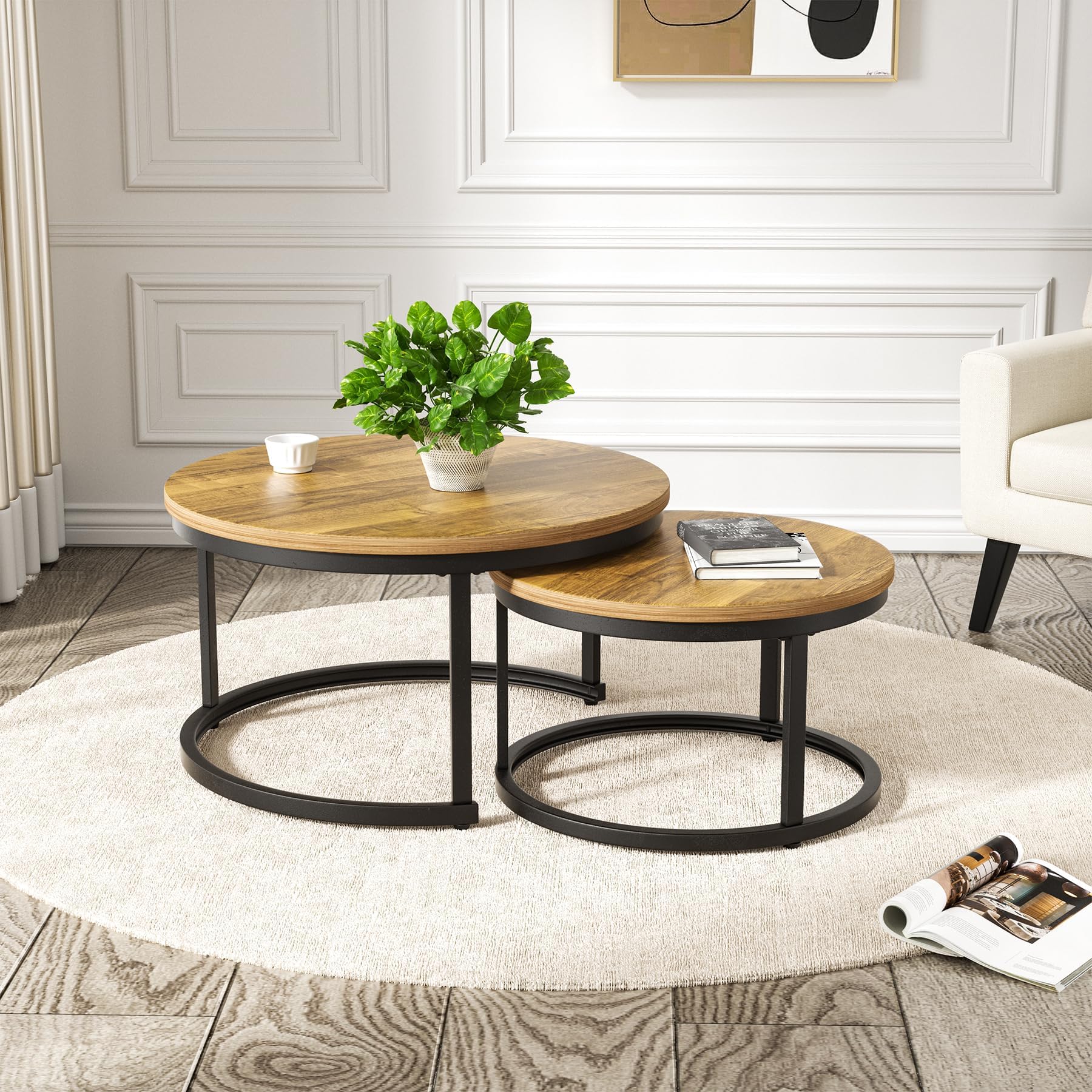 BOFENG Round Nesting Coffee Table, Set of 2 End Tables for Living Room ...