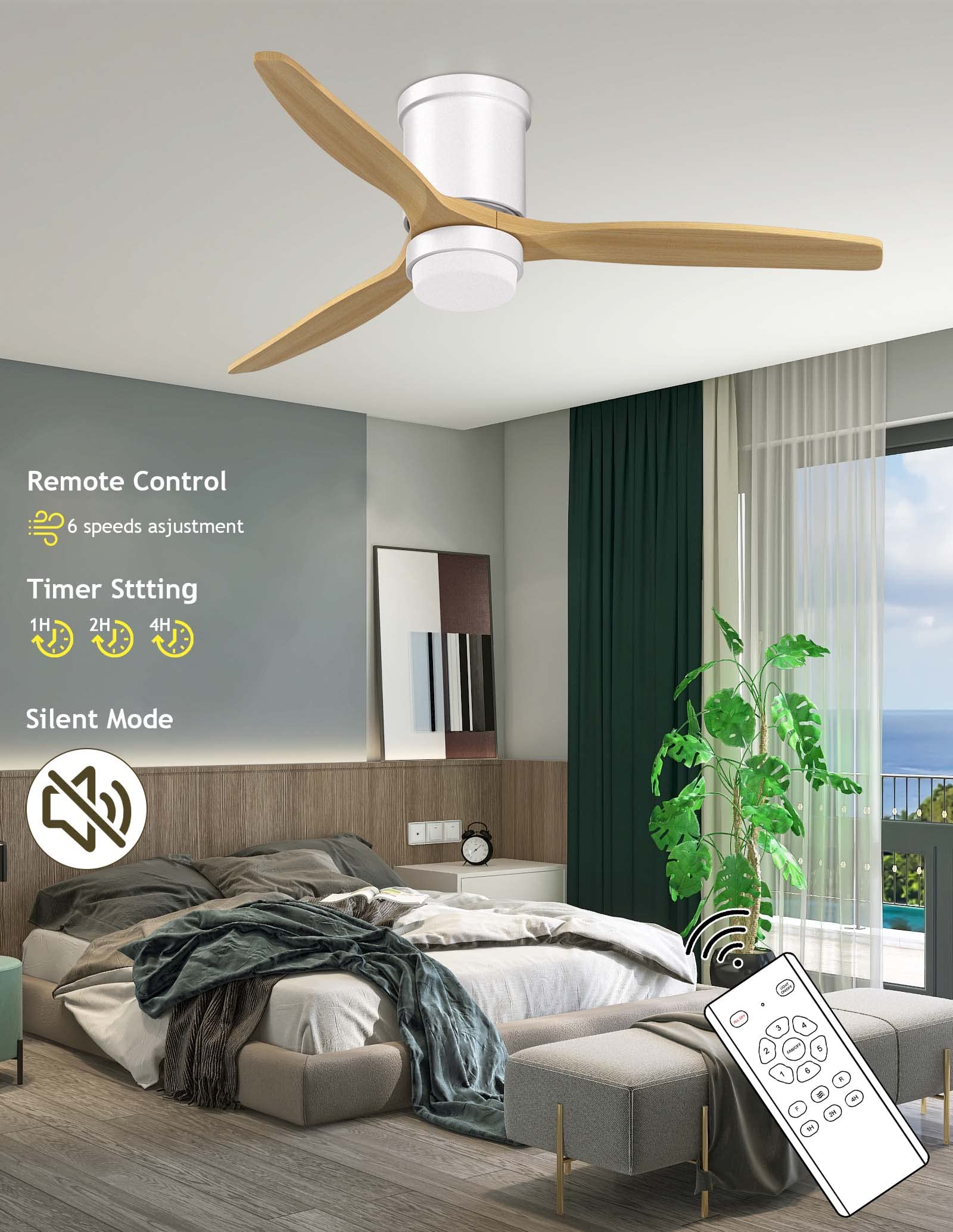 Obabala Low Profile Ceiling Fan With Lights 3 Carved Wood Fan Blade ...
