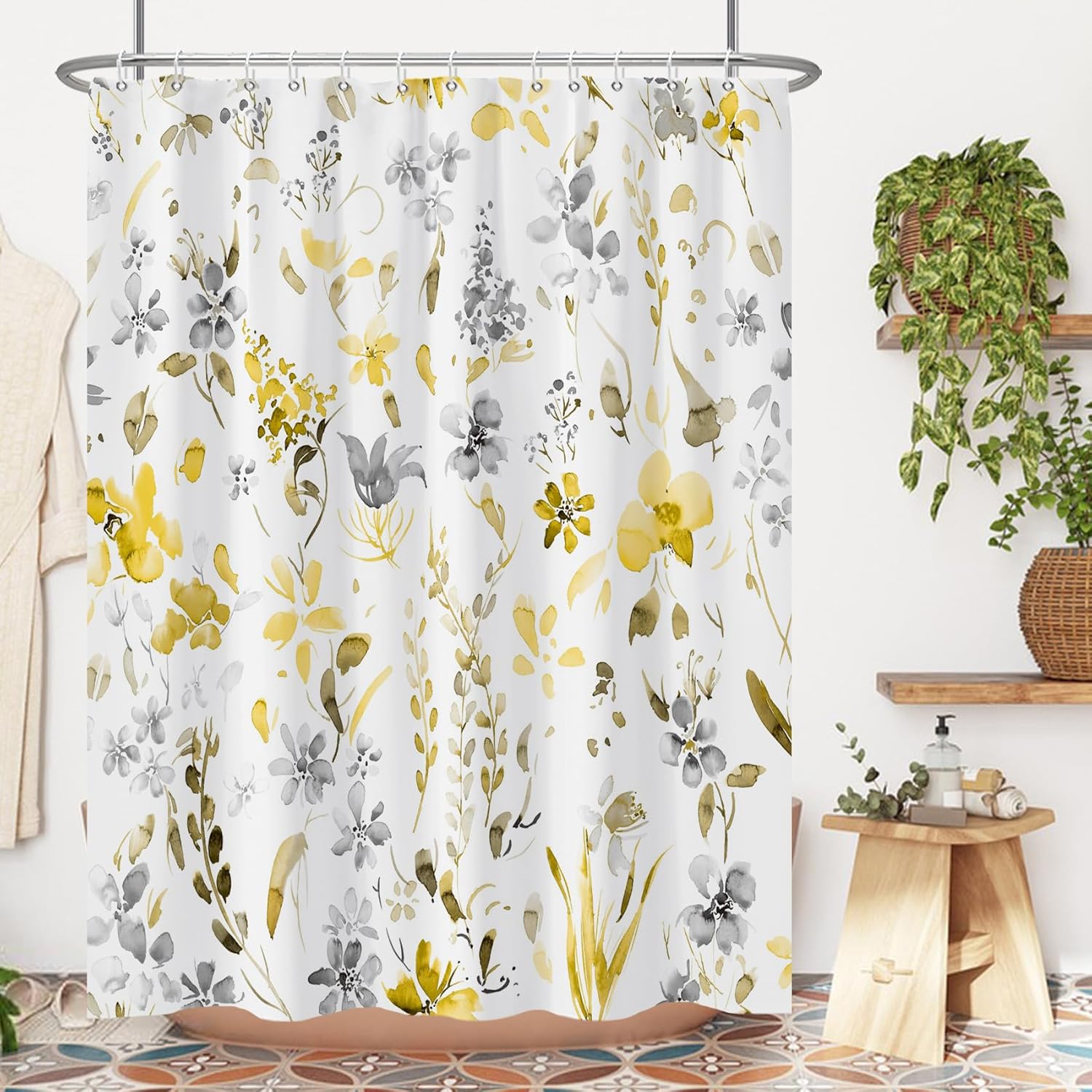 Amazon.com: Yanutan Yellow Gray Floral Shower Curtain,Watercoor Flower ...
