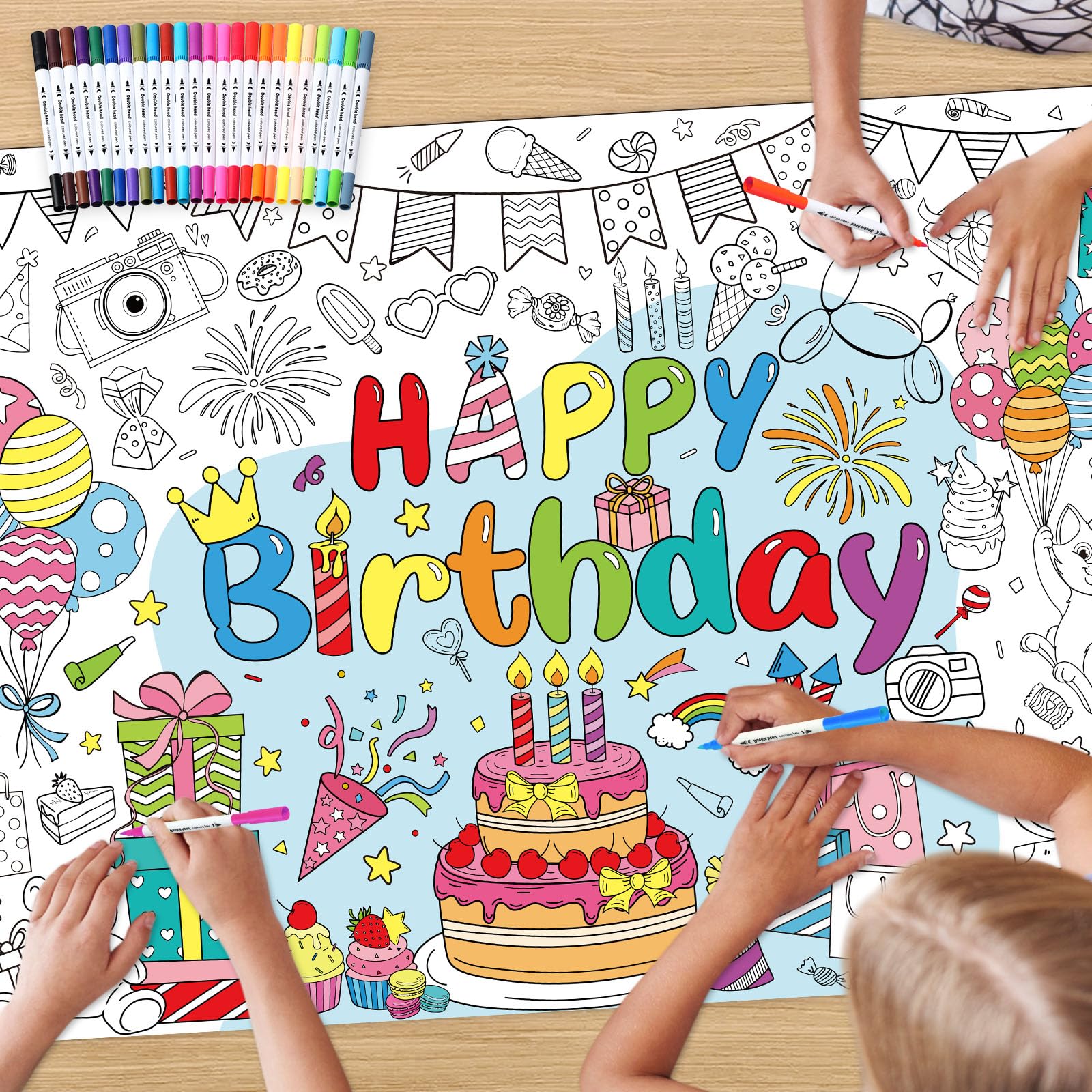 Faccito Giant Happy Birthday Coloring Poster with 24 Watercolor Pens 43 ...
