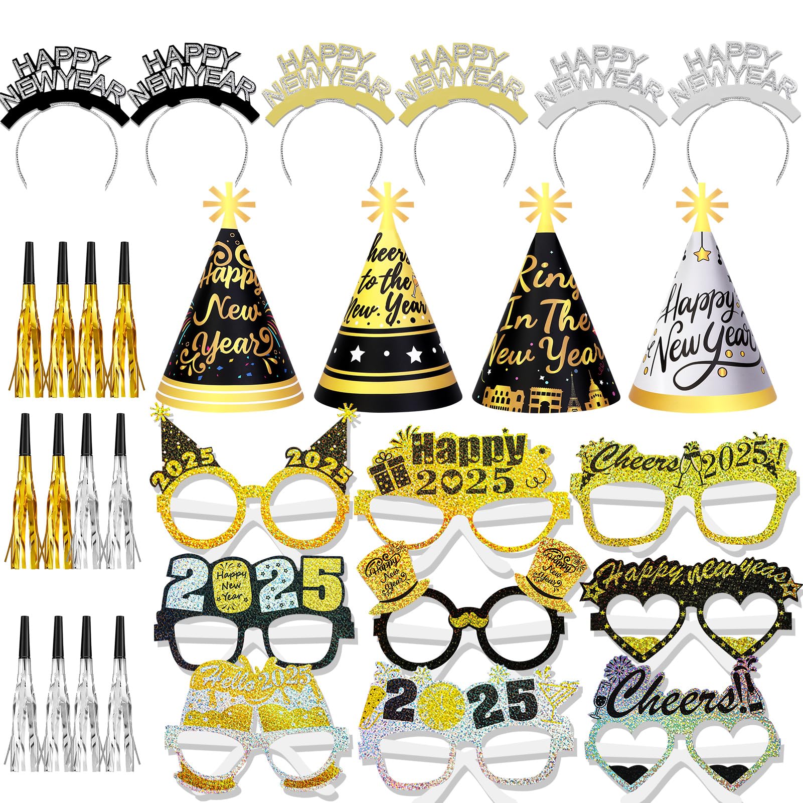 Amazon.com: HOWAF 44 Pcs Glitter Happy New Year Party Kit, 2025 New ...