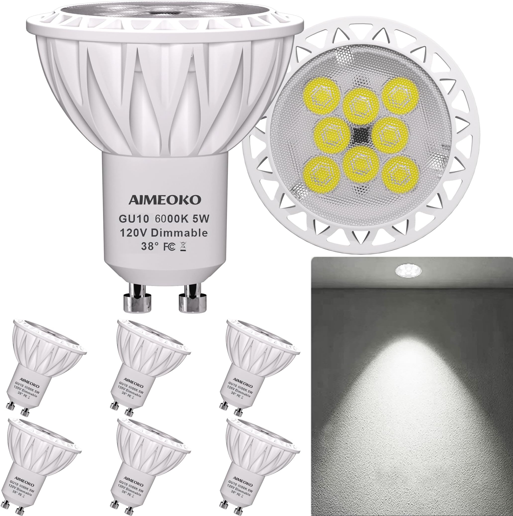 AIMEOKO GU10 LED Bulb Dimmable 6 Pack, 38° Beam Angle 50W Equivalent ...