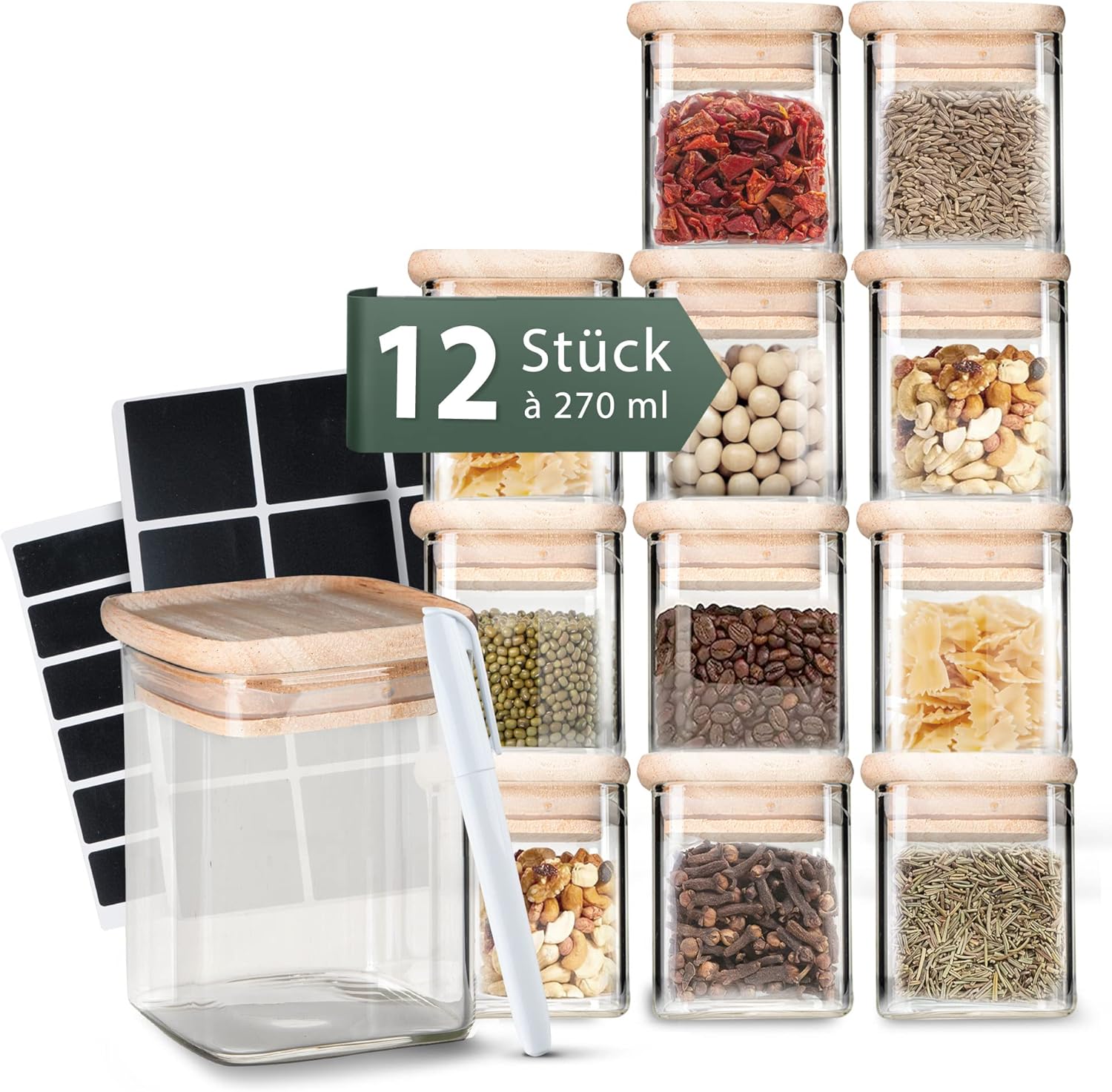 Celeko Home Stapelbare Gewürzgläser Eckig Bambus-Holzdeckel 270ml (Set ...