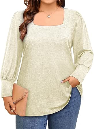 Siddhe Plus Size Fall Tops for Women Square Neck Elegant Puff Long ...