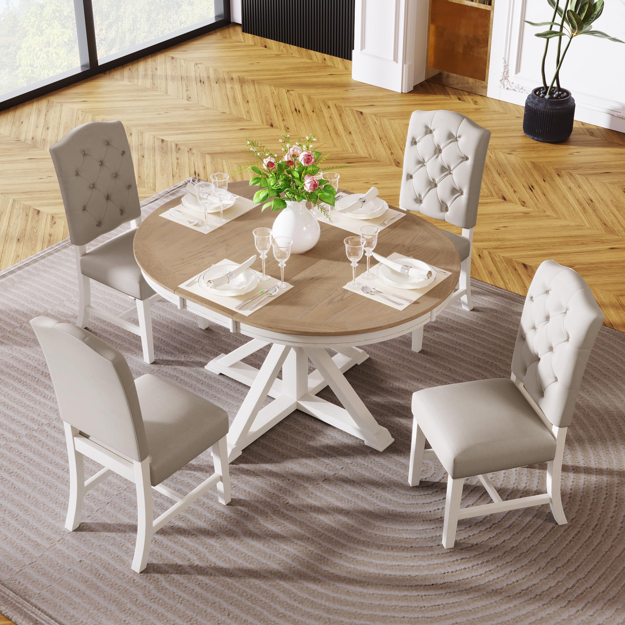 Amazon.com - Bellemave Extendable Dining Table Set for 4, 5-Piece Round Table Set with 4 Chairs ...
