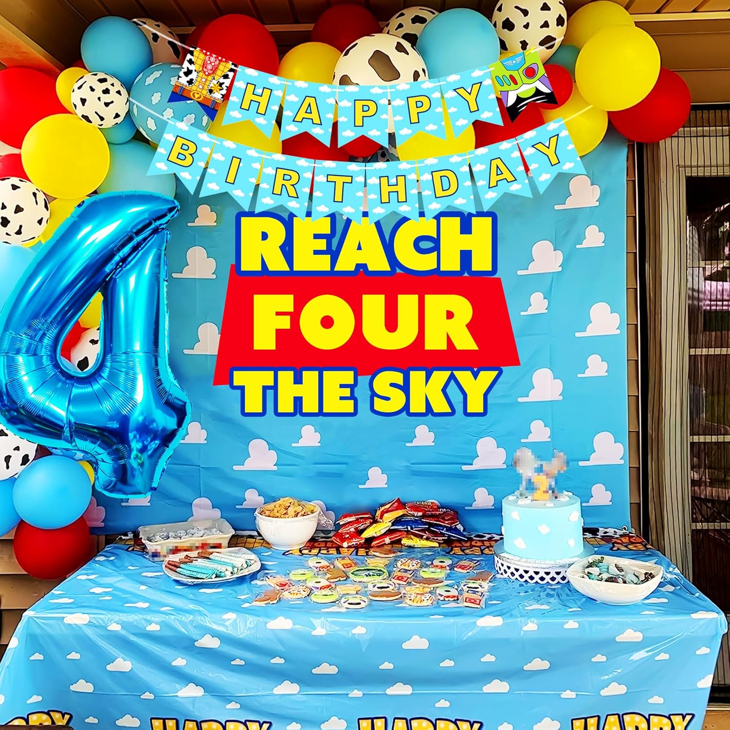 Amazon.com: LaVenty Reach Four the Sky Birthday Decorations Cartoon ...