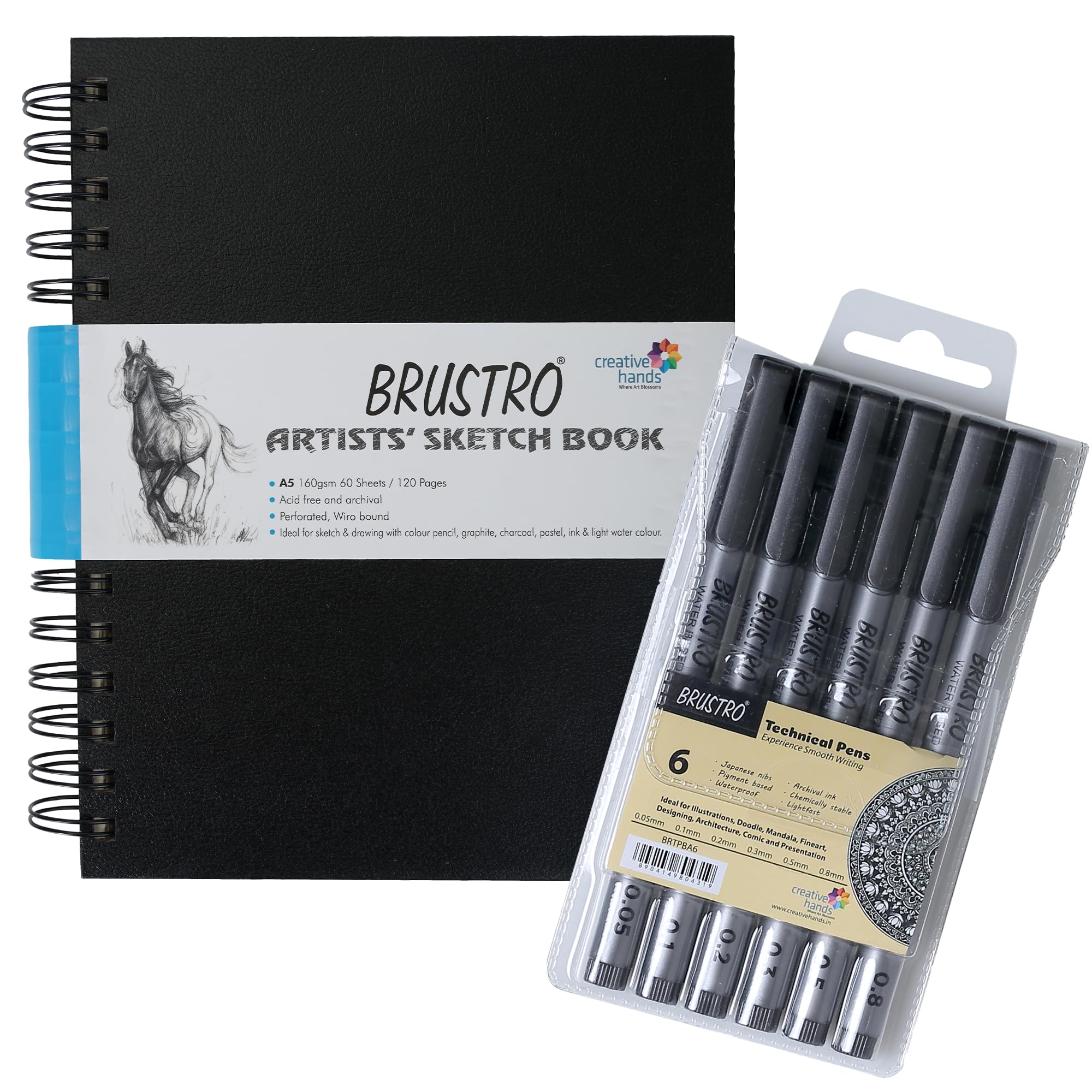 BRUSTRO Technical Pen Assorted Set of 6 with Artist Sketch Book 160 GSM ...