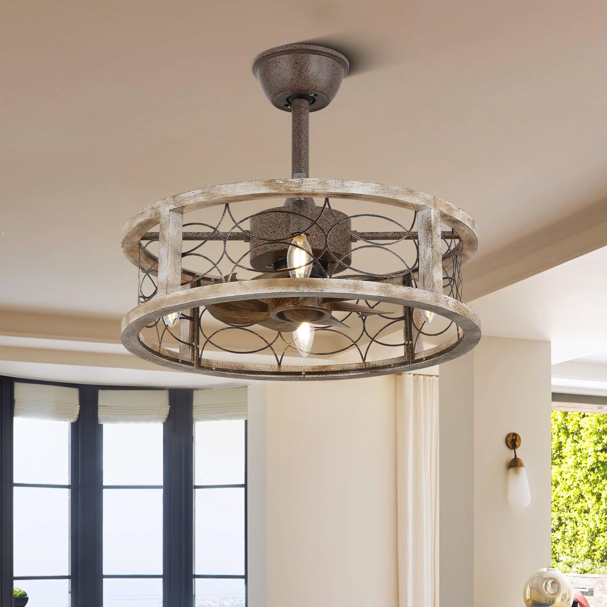 18" Caged Ceiling Fans with Lights, Wood Farmhouse Ceiling Fans ...