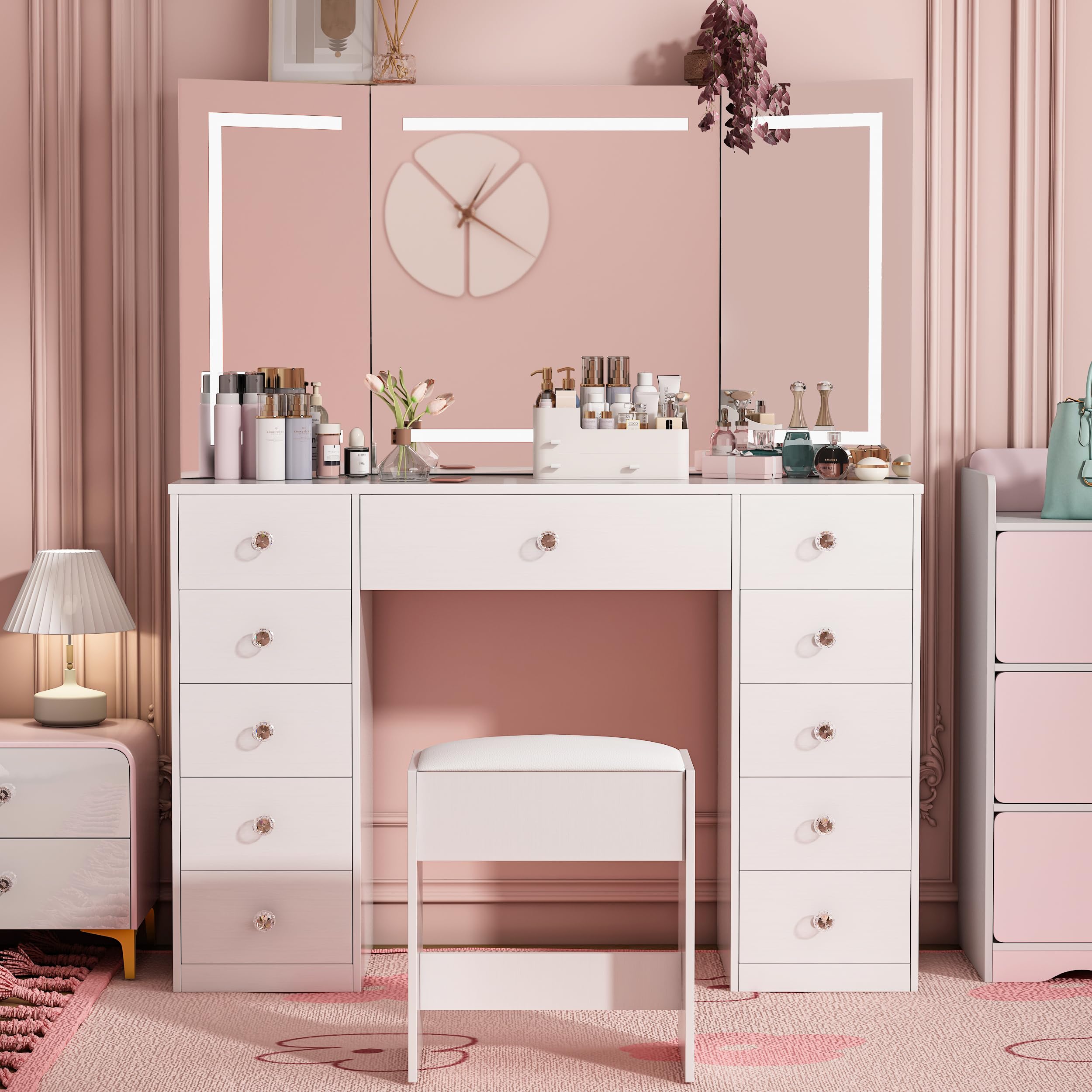 Amazon.com: wanan Vanity Desk with Power Outlet, Makeup Vanity with Mirror and LED Lights, 3 ...