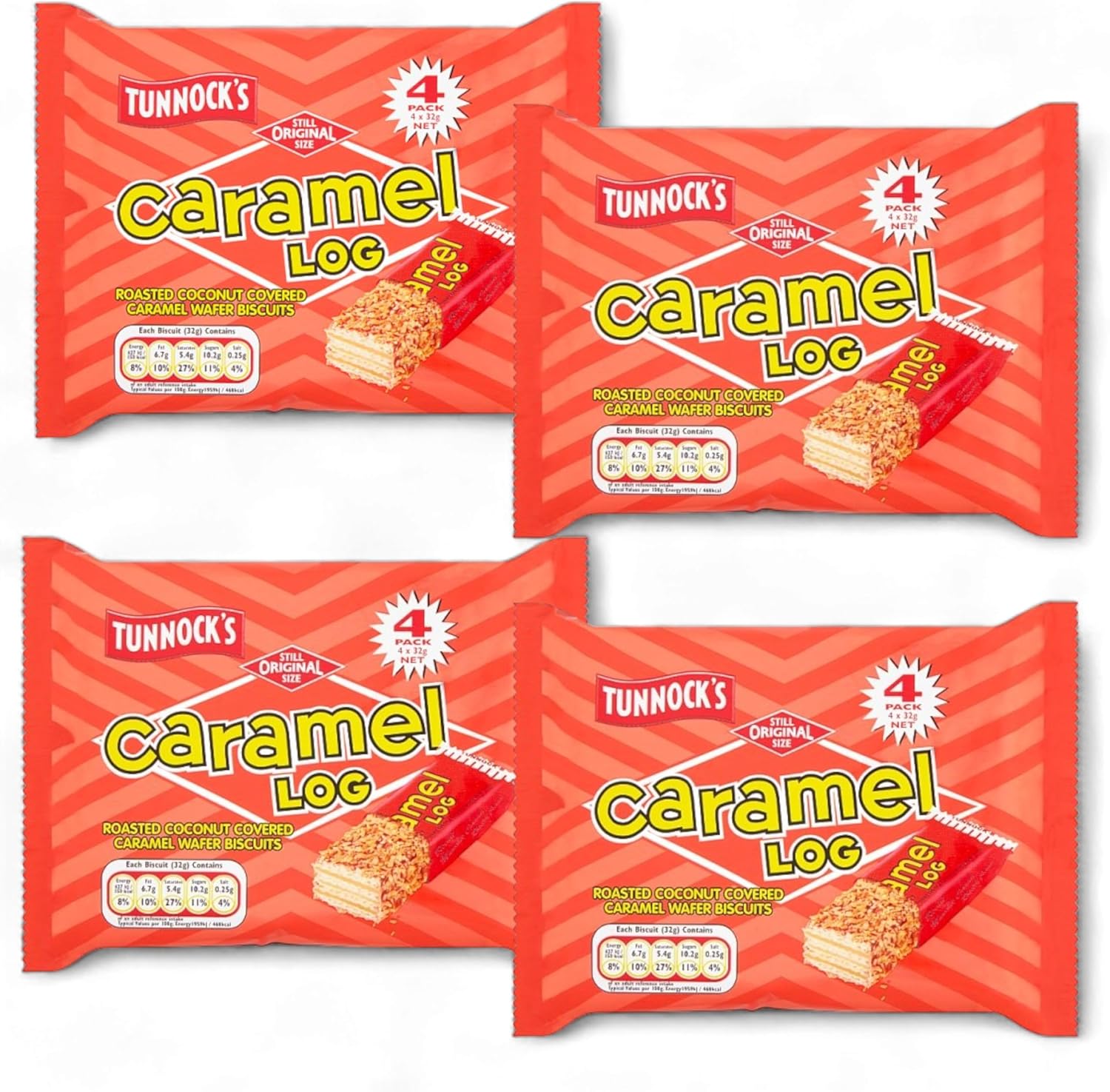 4 Pack (4 x 32g) Tunnocks Caramel Log Wafer Biscuits (16 Caramel Log ...