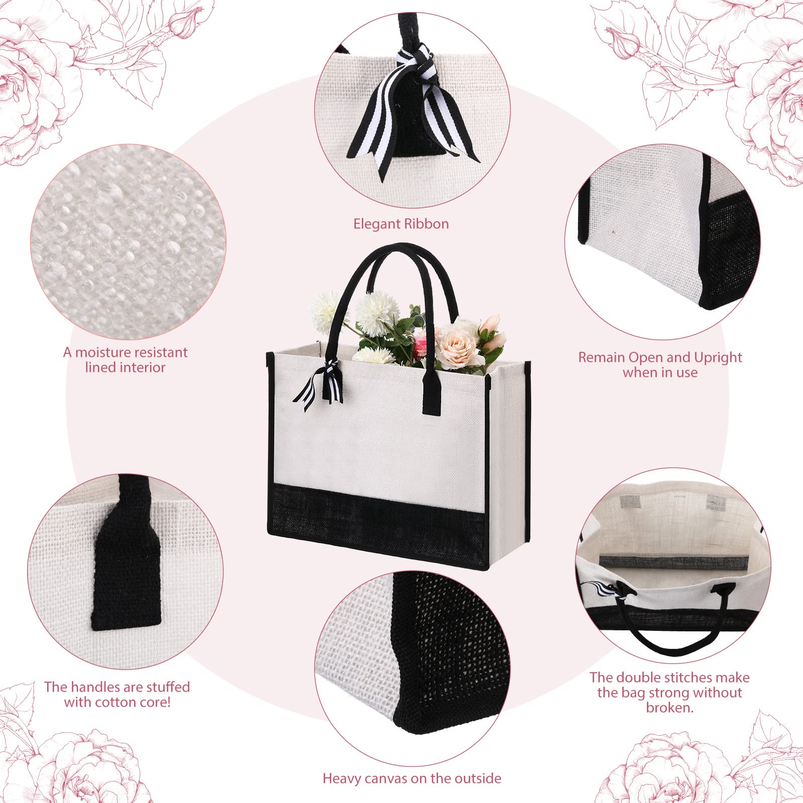 Reginary 12 Pack Burlap Tote Bags Bulk, White Black Large Burlap Tote ...