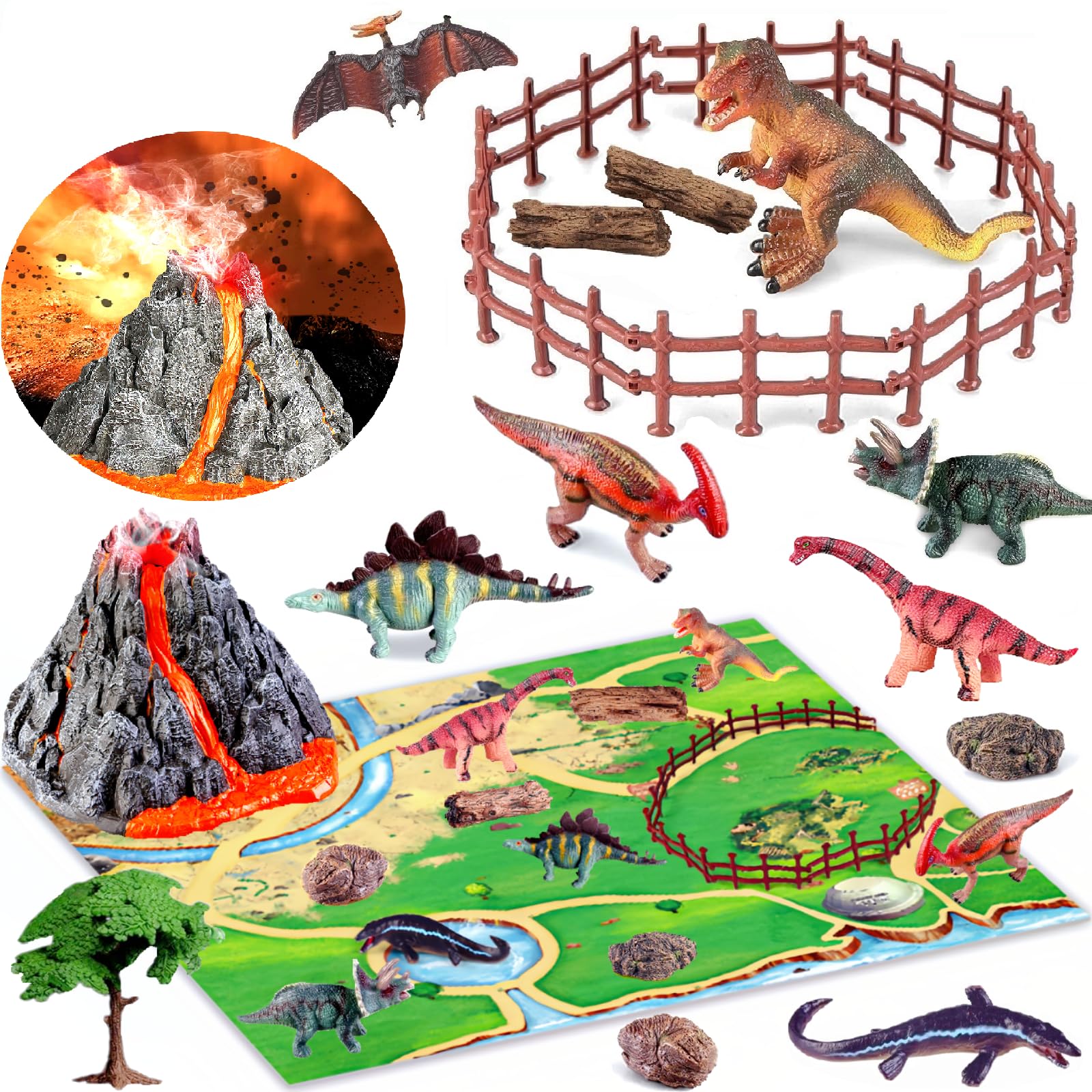 Dinosaur Volcano Figures Toy with Play Mat, Educational Realistic ...