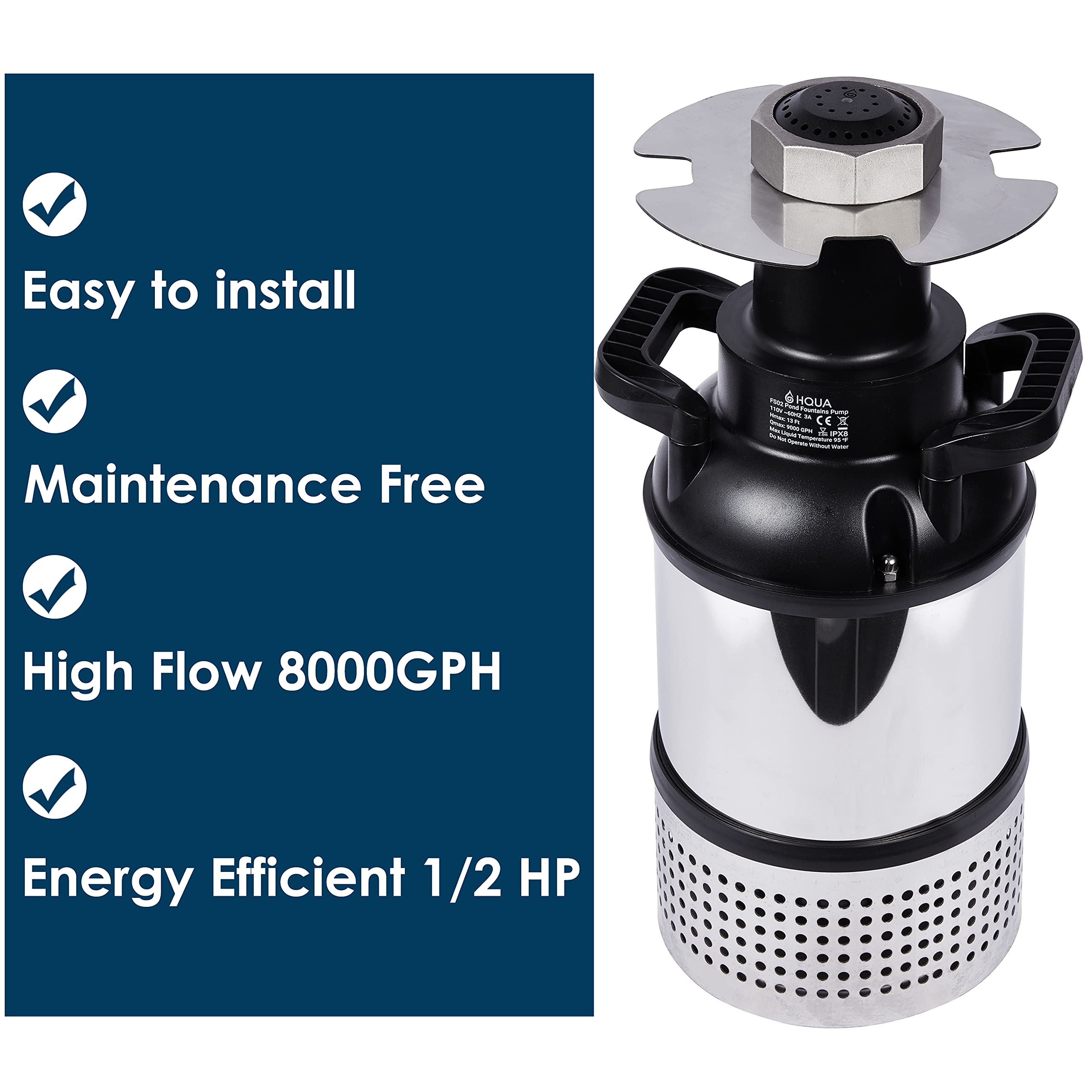 HQUA-FS02 110V, 1/4HP, OD(?) 32” Large Pond Floating Fountain with 9000 ...