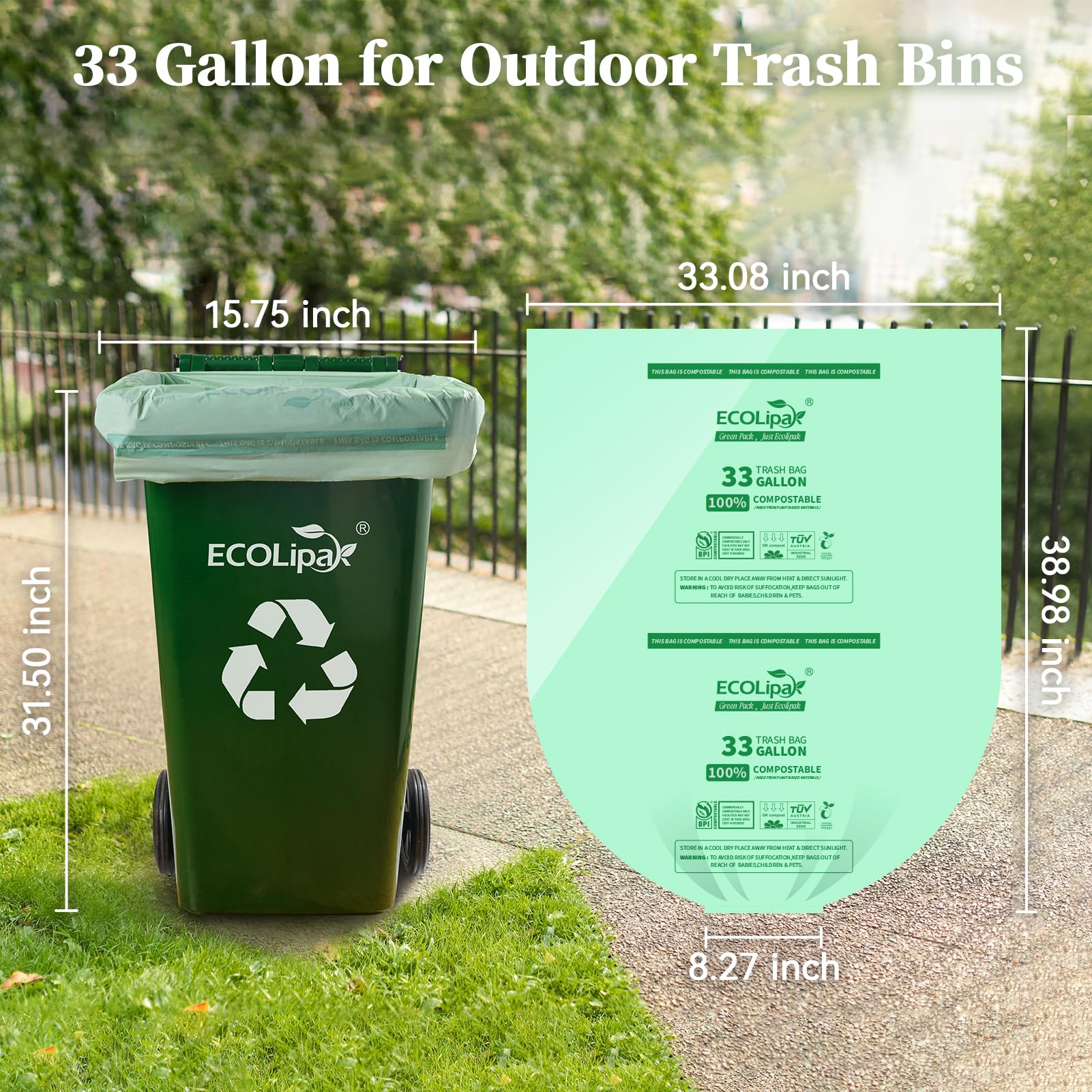 Snapklik.com : ECOLipak 33 Gallon Compostable Trash Garbage Bags, 25 Count