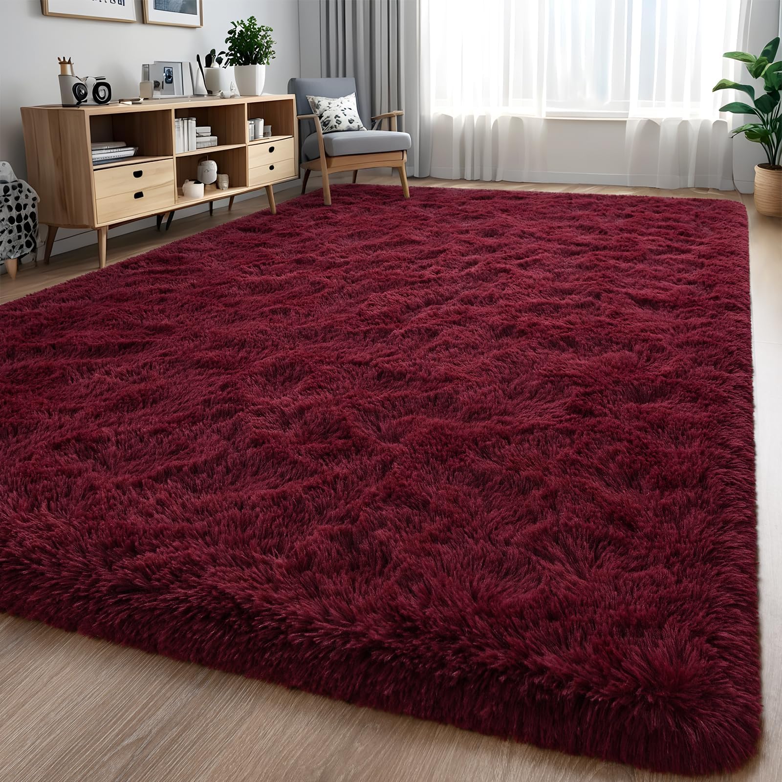 Amazon.com: DweIke Fluffy Burgundy Red Rug Carpet for Bedroom Living ...
