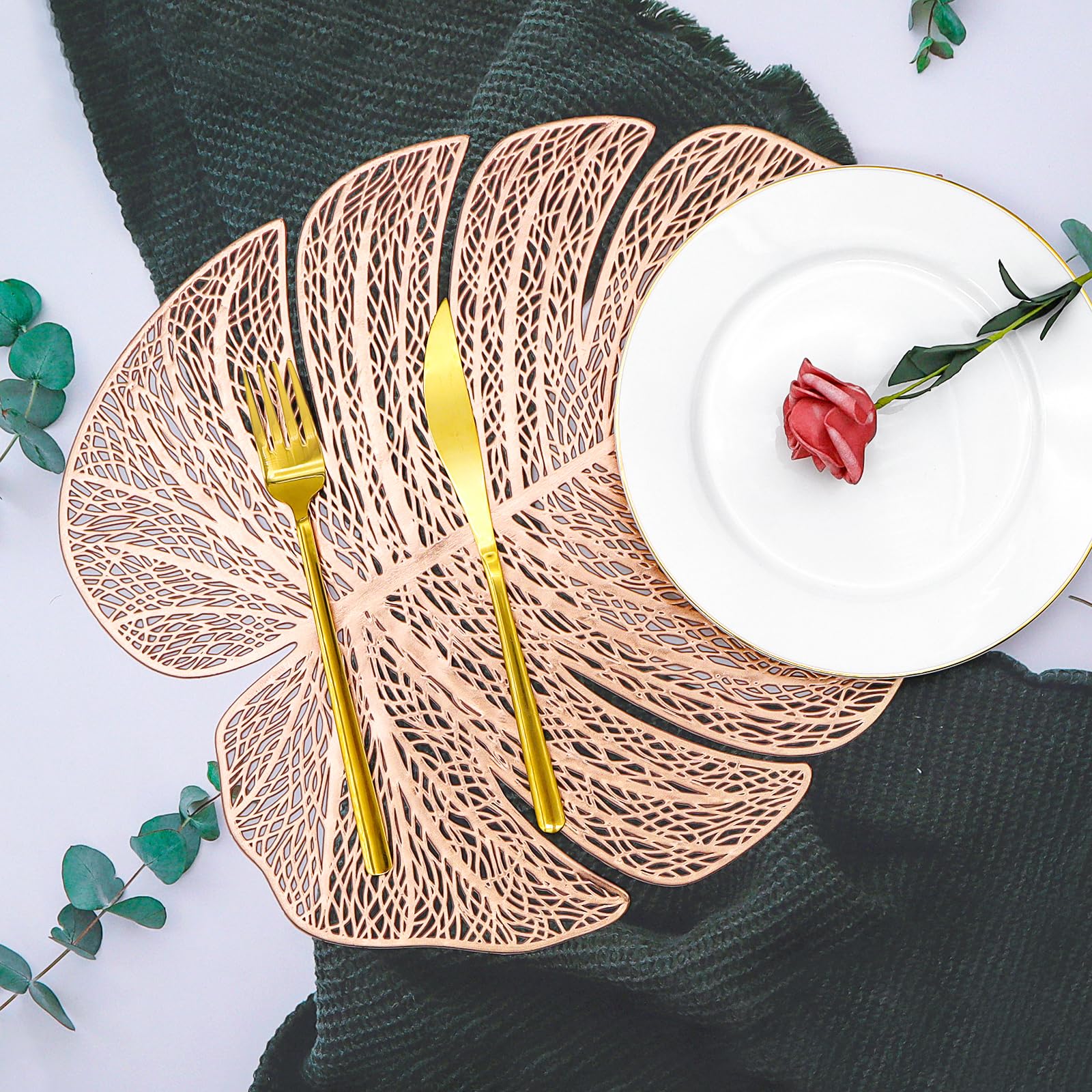 Snapklik.com : Rose Gold Leaf Shaped Placemats Set Of 4 Tropical Leaves ...