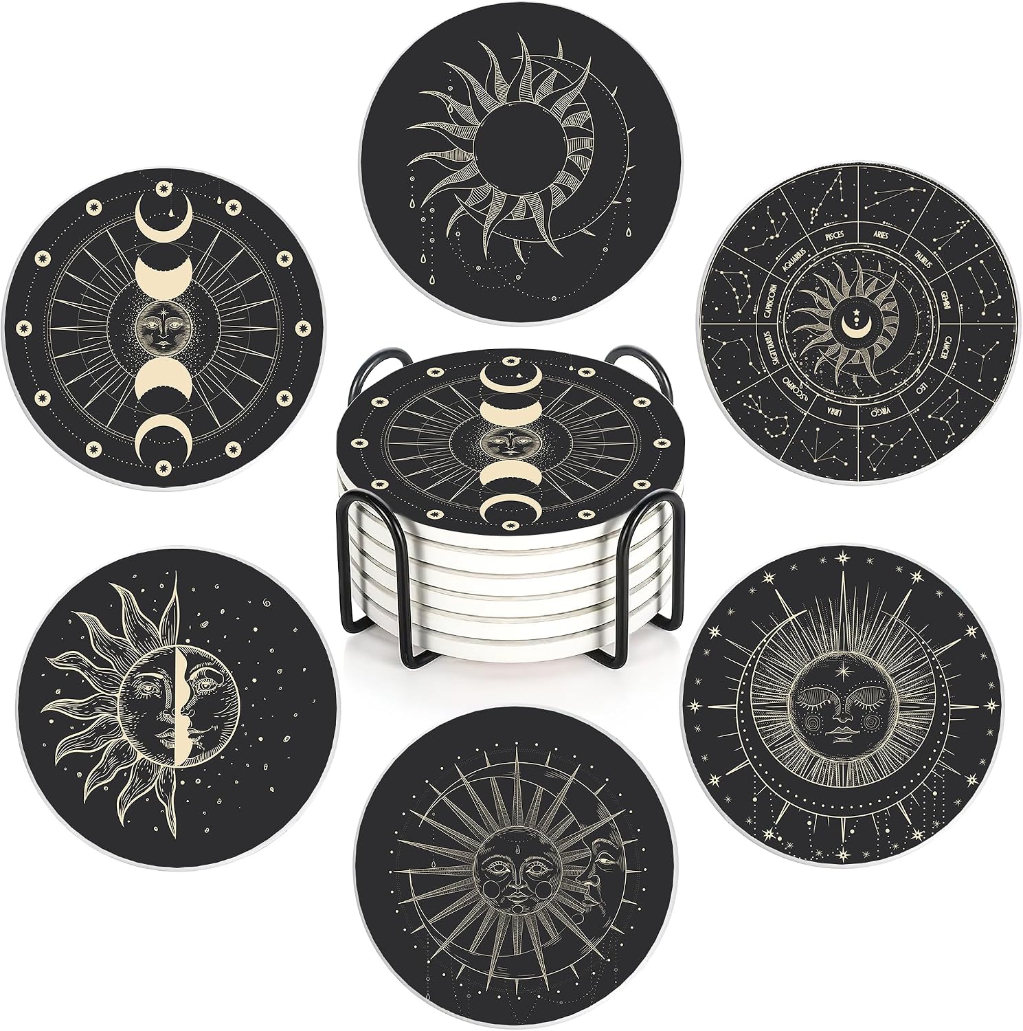 Amazon.com: 6-Pack Moon Phase Coasters Set with Holder - Absorbent ...