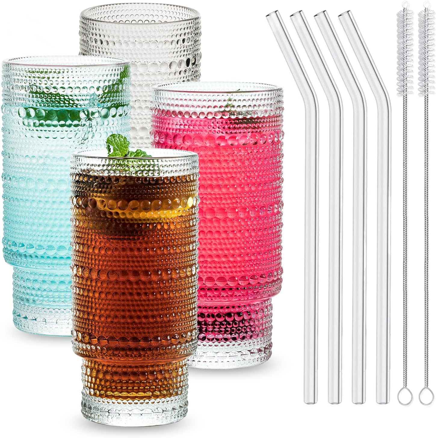 Amazon.com | INSETLAN 16oz Hobnail Drinking Glasses Set of 4 with Glass ...