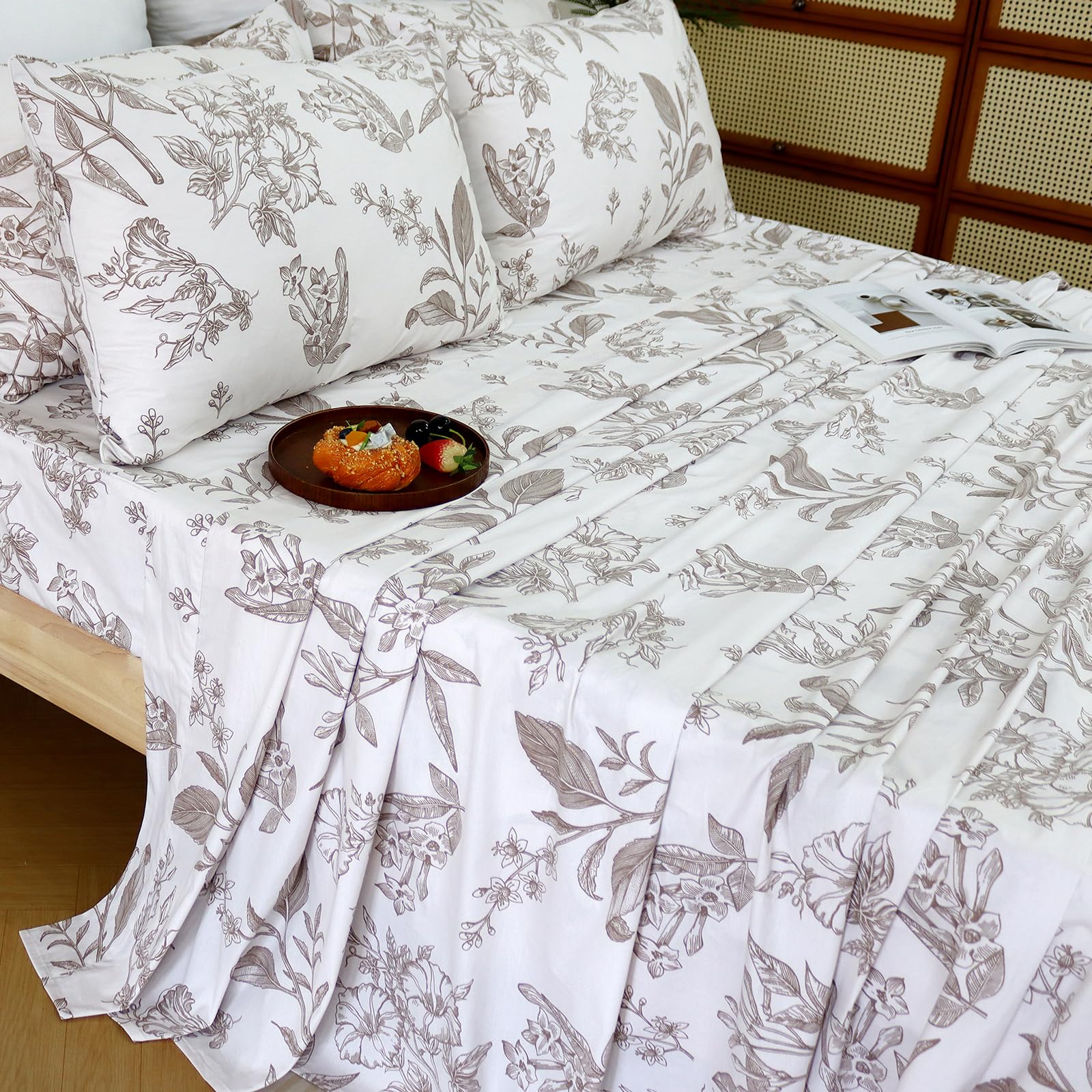 Helthep Floral Sheet Set Full, 100% Cotton Gray Botanical Pattern ...