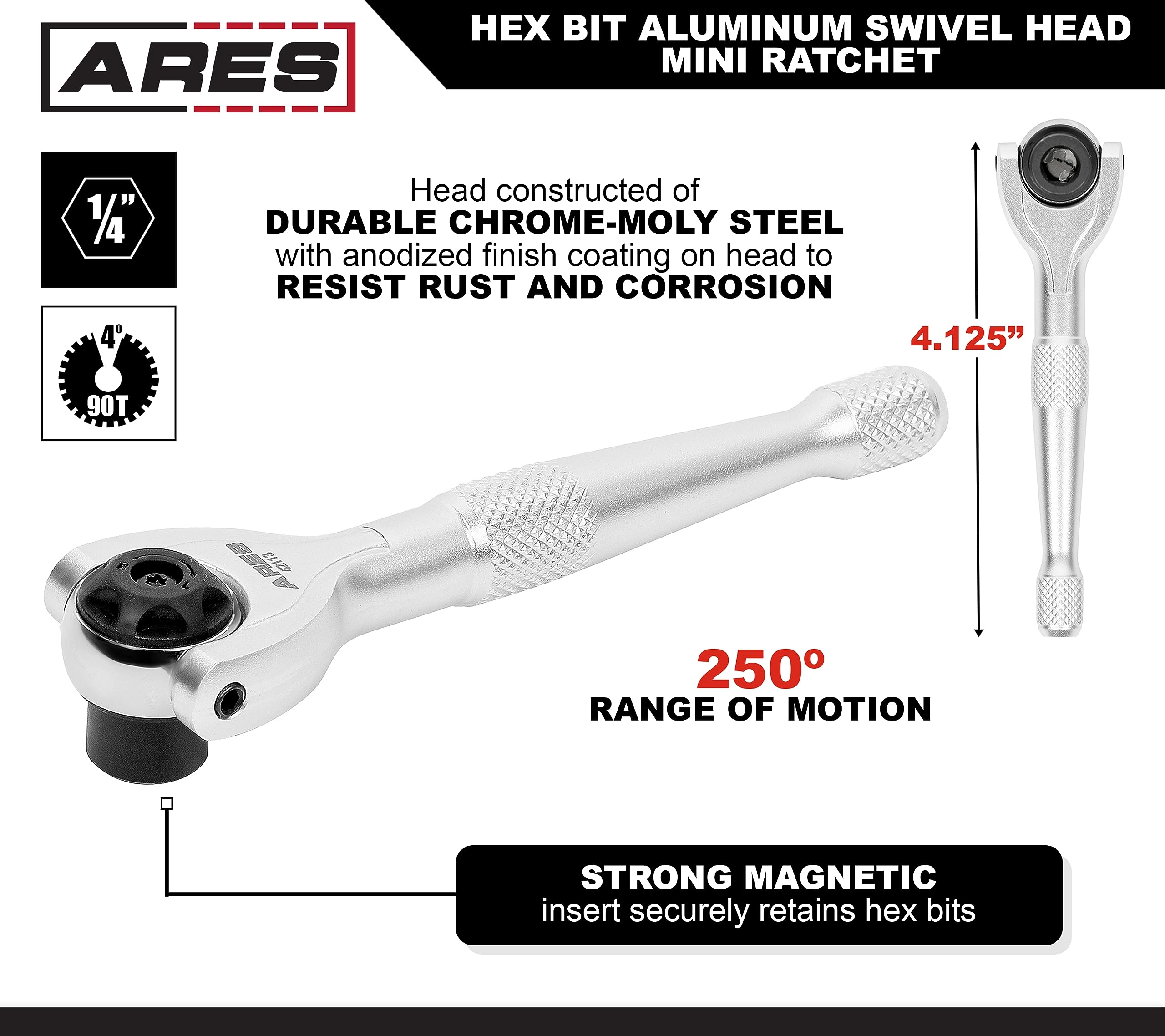 Snapklik.com : ARES 42113 Silver 1/4-Inch Drive 90-Tooth Mini Swivel ...