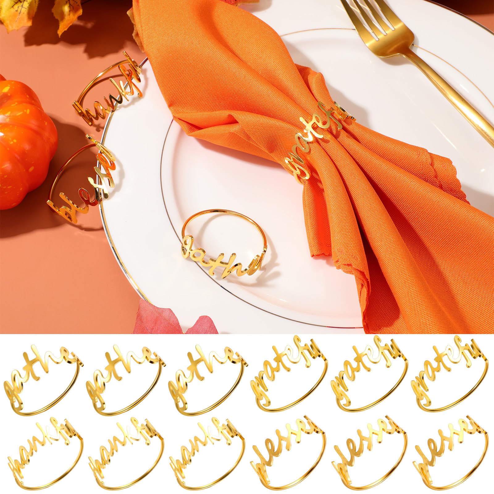 Amazon.com: Umigy 12 Pcs Thanksgiving Gold Metal Napkin Ring Round ...