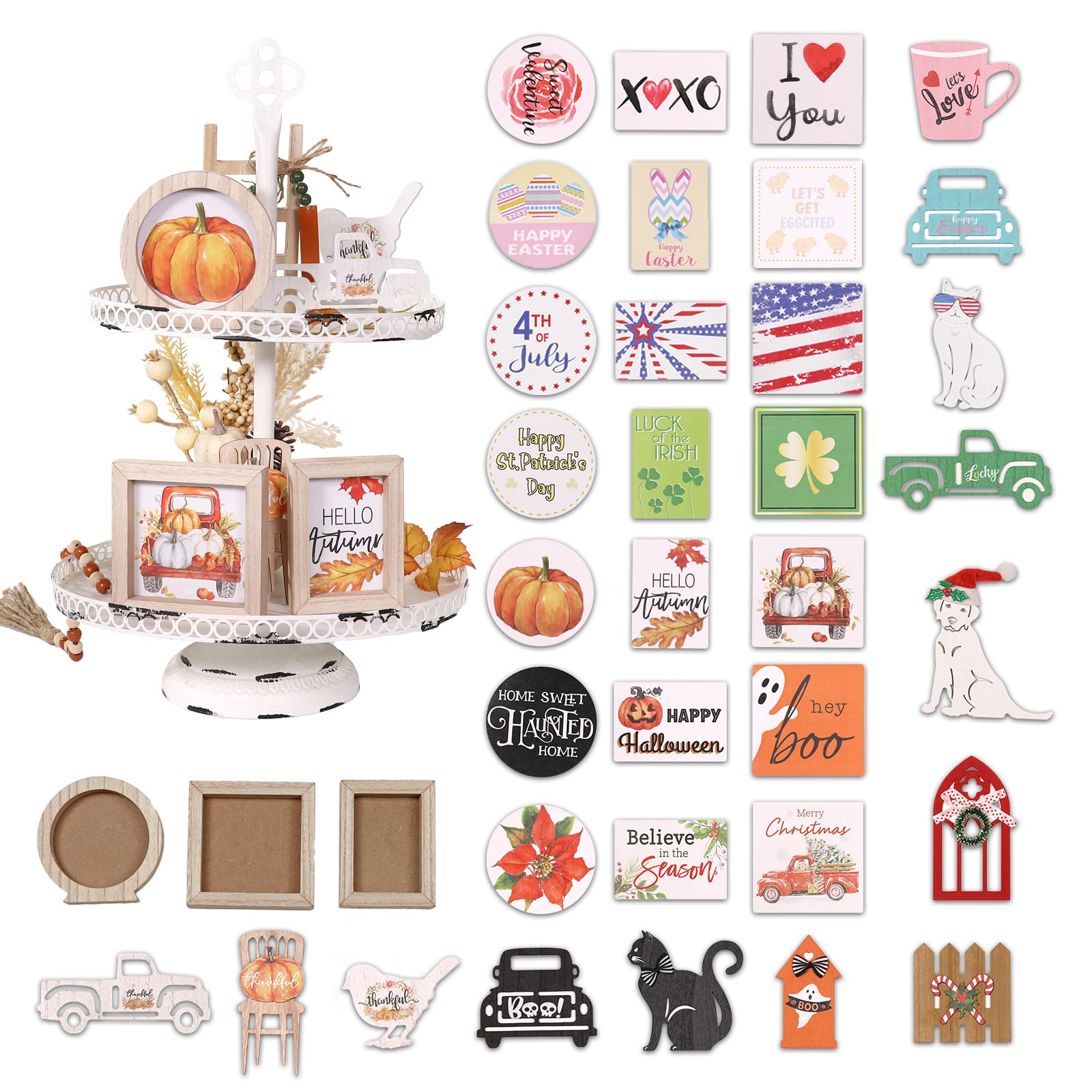 Amazon.com: Farmhouse Tiered Tray Decor Set - Interchangeable Seasonal ...