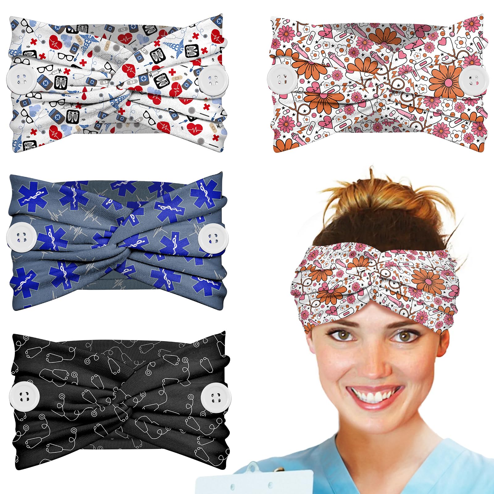 Amazon.com : Plifal 4pcs Nurse Headbands for Women with Buttons Non ...