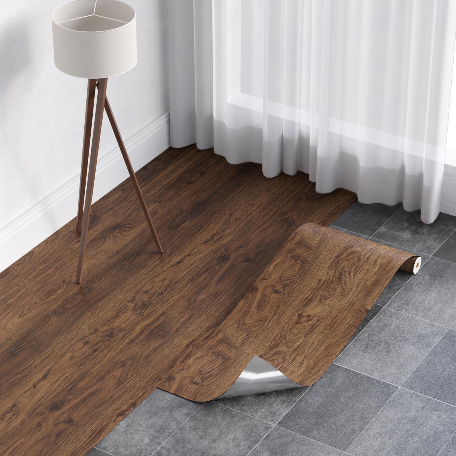 Homease Vinyl Flooring Roll 15.7"W x 118"L/ 12.9 Sq.Ft, Wood Grain Peel ...
