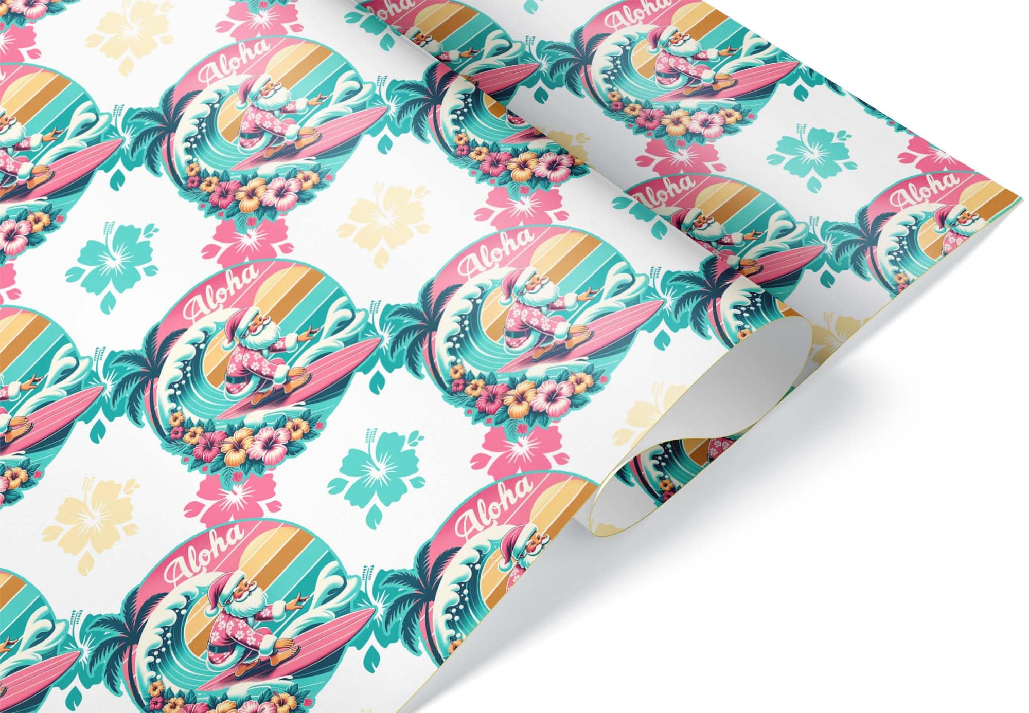 Amazon.com: Cute Surfing Santa Aloha Xmas Gift Wrap, Coastal Christmas ...