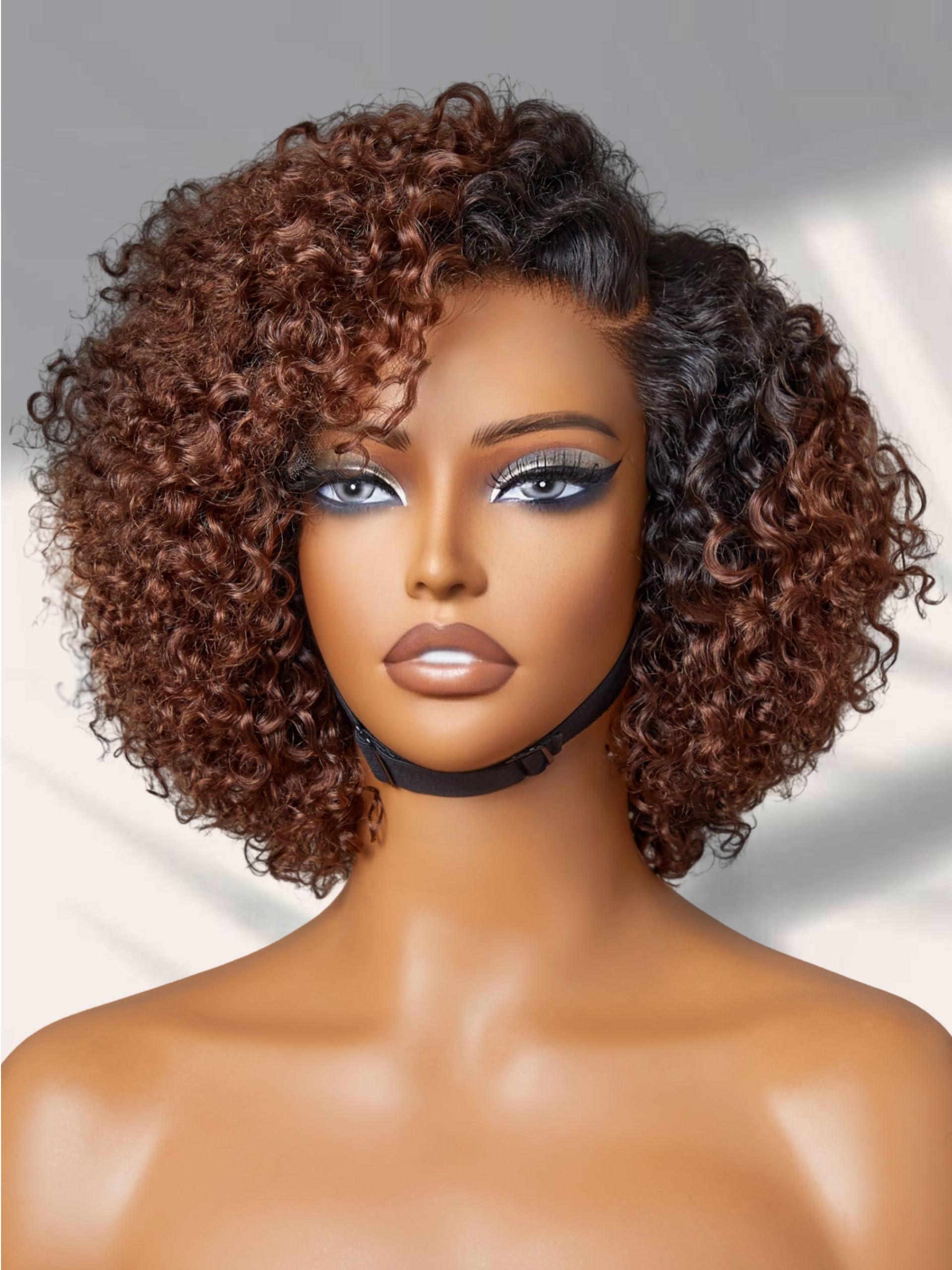 Amazon.com : LUVME HAIR Kinky Curly Wig 12 Inch Ombre Mix Brown Bob Wig ...