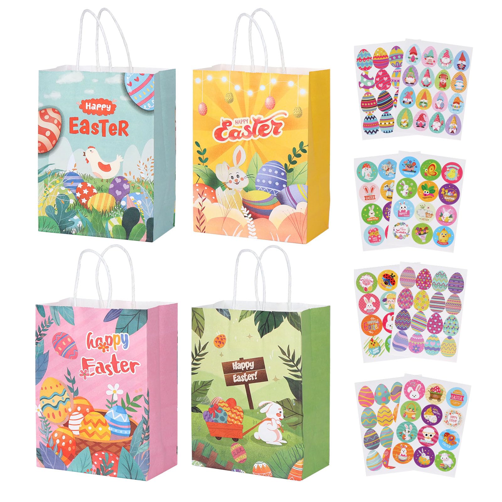 Easter Gift Bags with Stickers, 16 Pieces Paper Bags with Handles & 8 ...