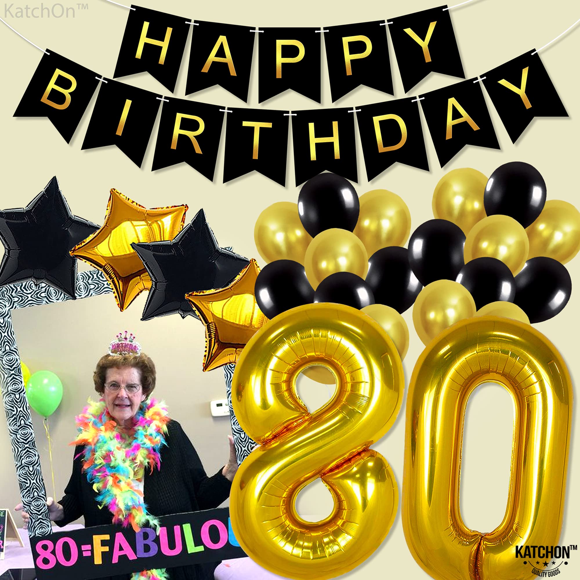 Gold 80 Birthday Decorations Set - Large, 40 Inch | Black and Gold 80 ...