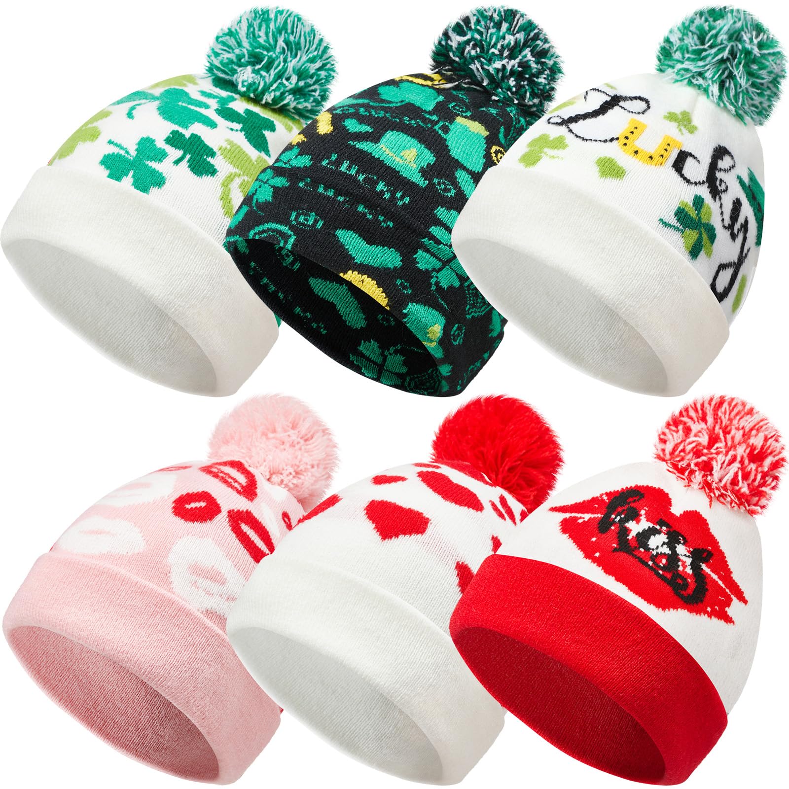 6 Pcs St Patrick's Day Hat Green Shamrock Beanie Knit Hat Heart Love ...