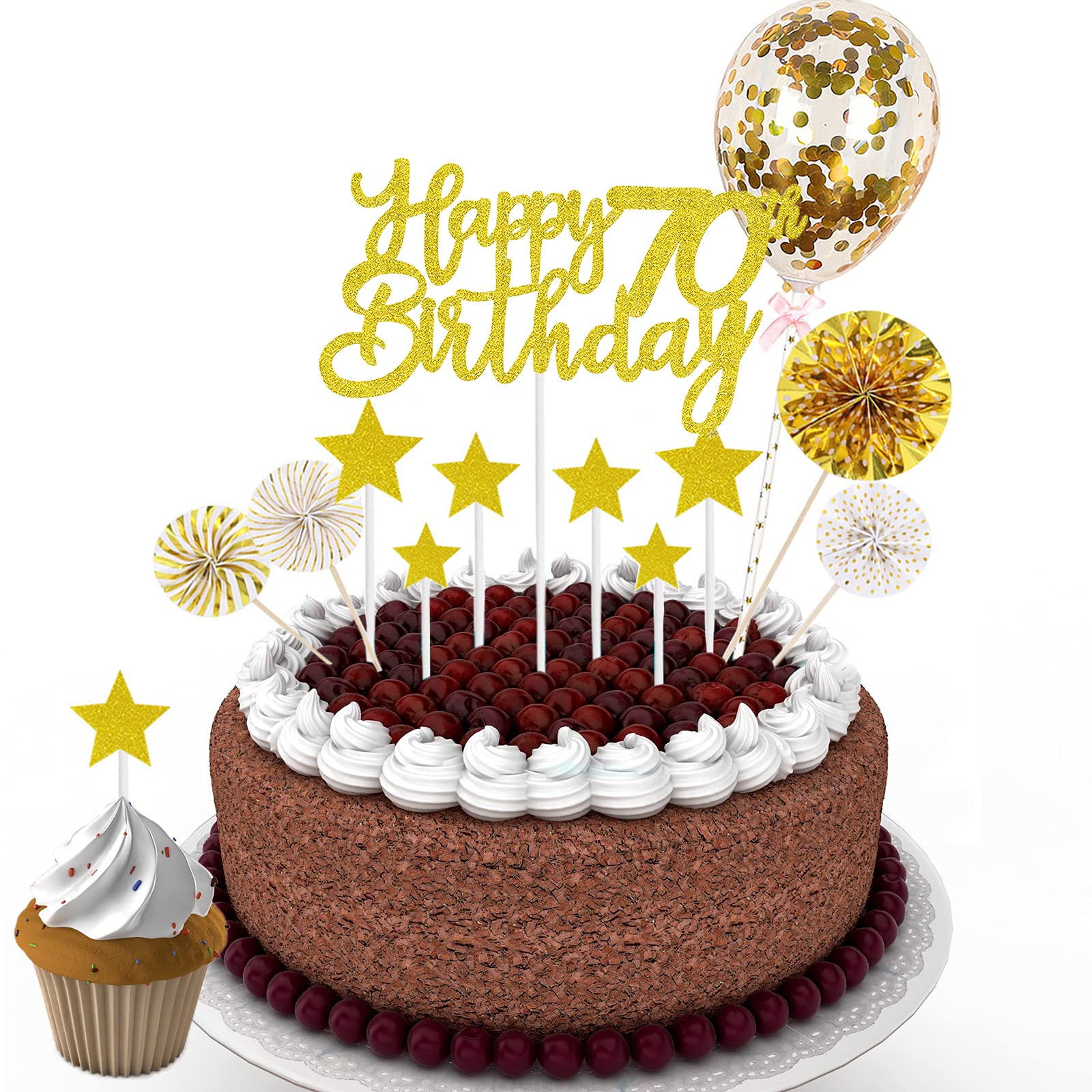 Buy VEGCOO 70th Birthday Cake Toppers Set, 20PCS Gold Cake Decorations ...