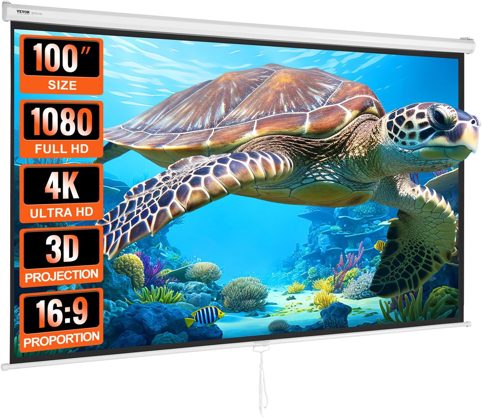 VEVOR Manual Pull Down Projector Screen, 100 inch 16:9 4K 1080 HD ...