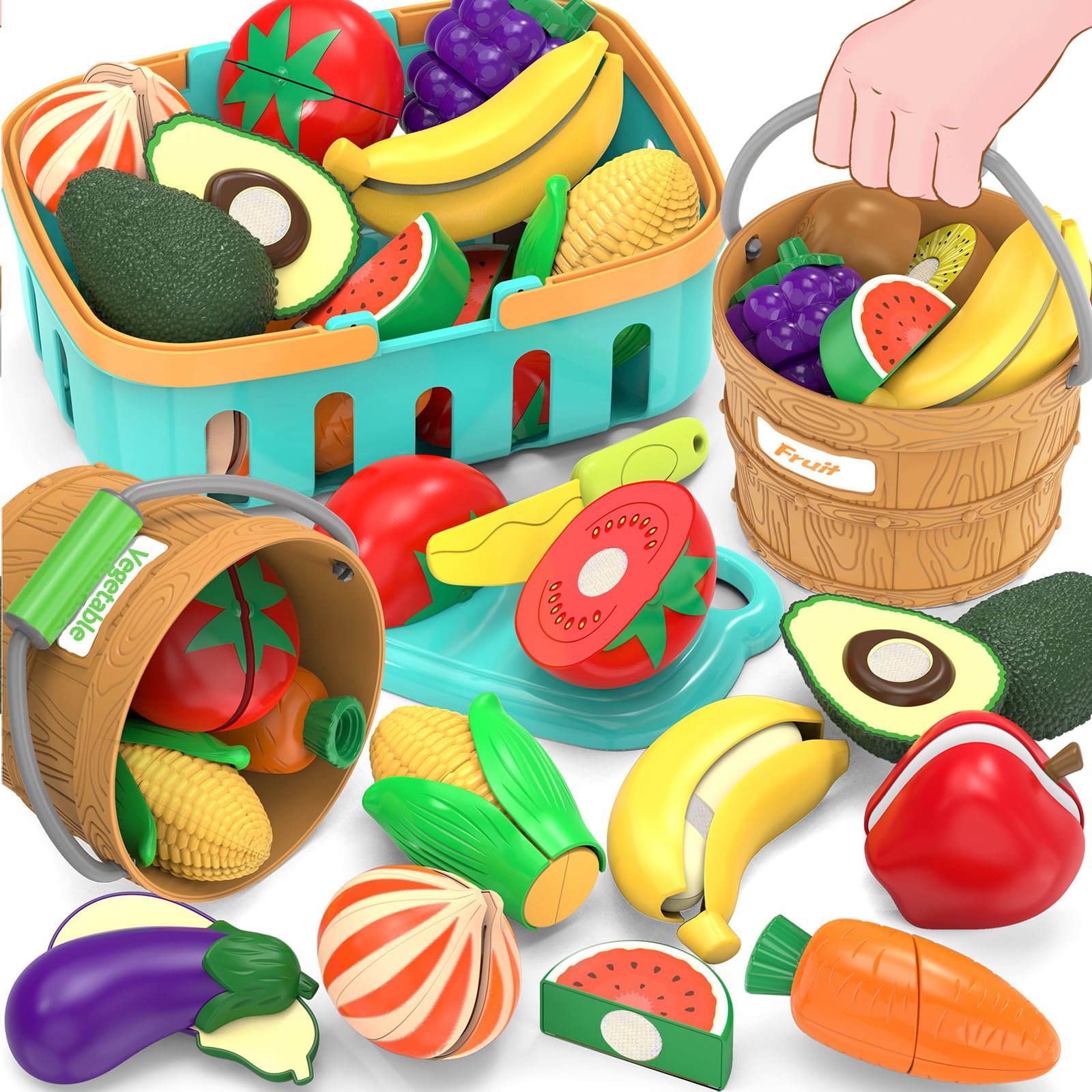 Sorting Play Food Sets - 2 Buckets with Handle, 1 Storage Basket, Fruit ...