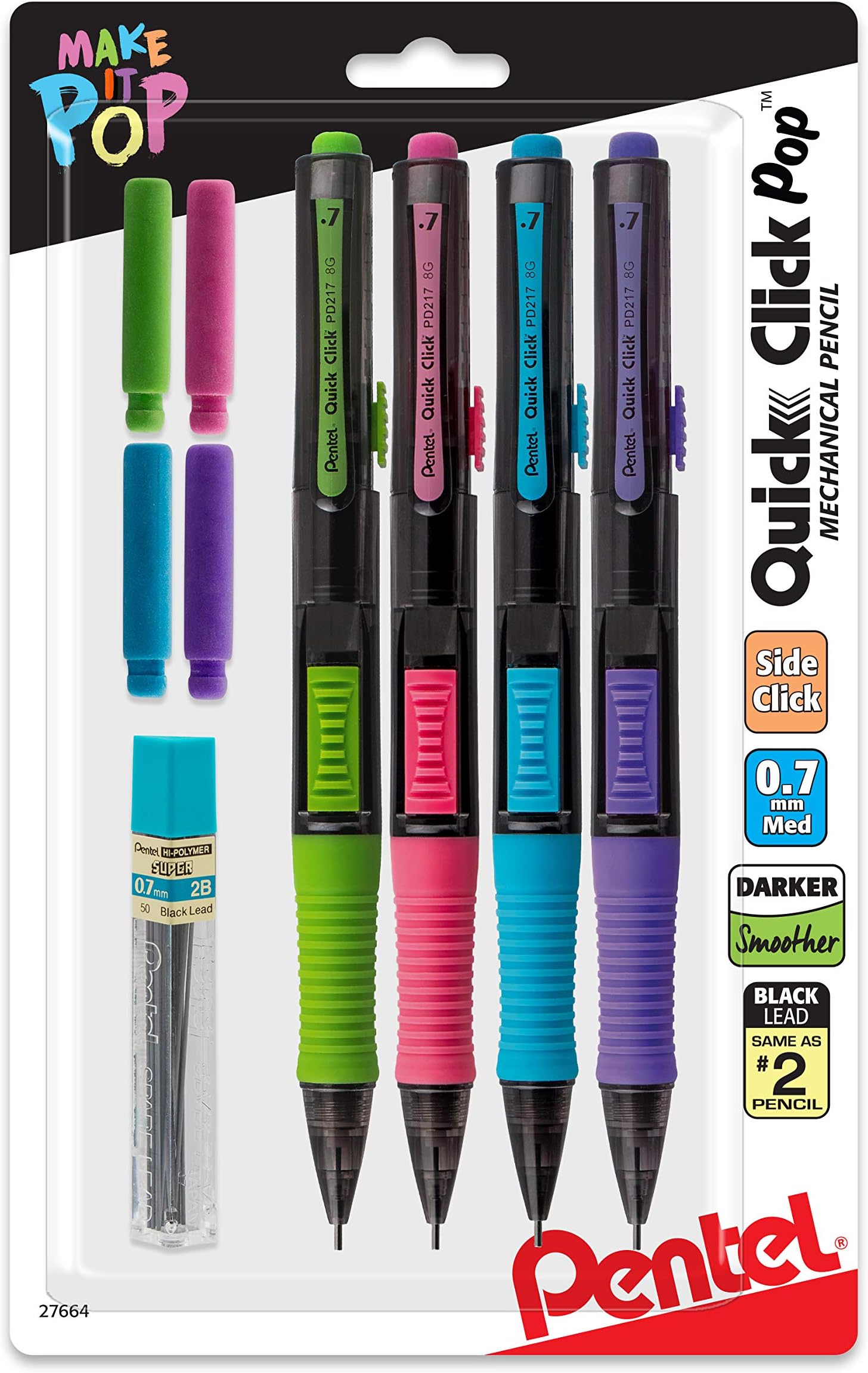 Pentel Quick Click Pop Mechanical Pencil, (0.7mm) Medium 2B Lead, with ...