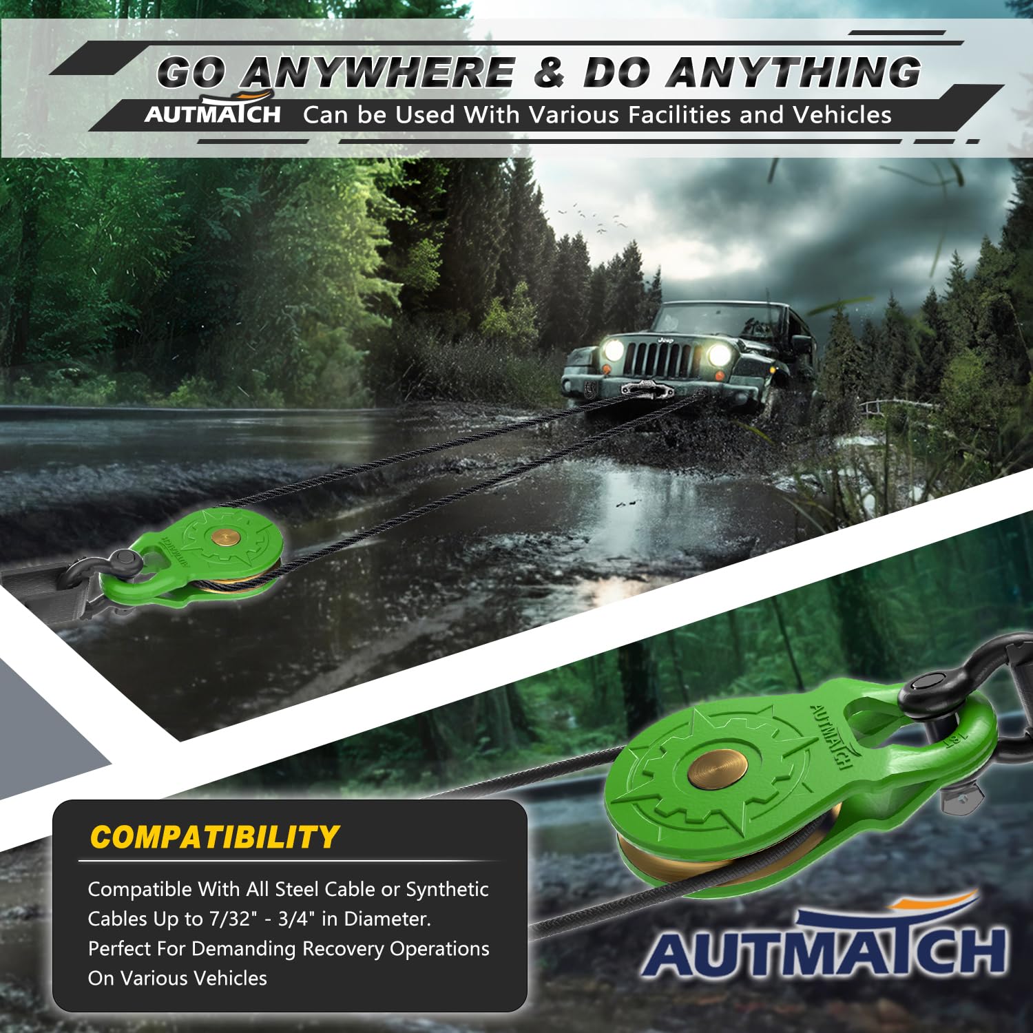 Winch Kit AUTMATCH 3/4" D Ring Shackles With Winch Snatch Block Pulley ...