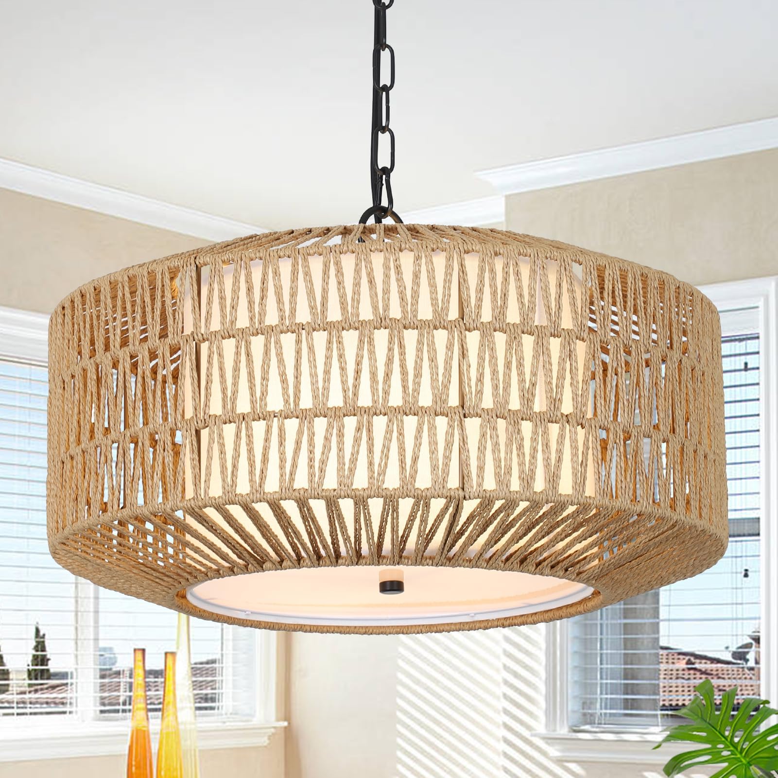 PAUFUL Farmhouse Chandelier Light Fixture,4-Light Rattan Boho ...