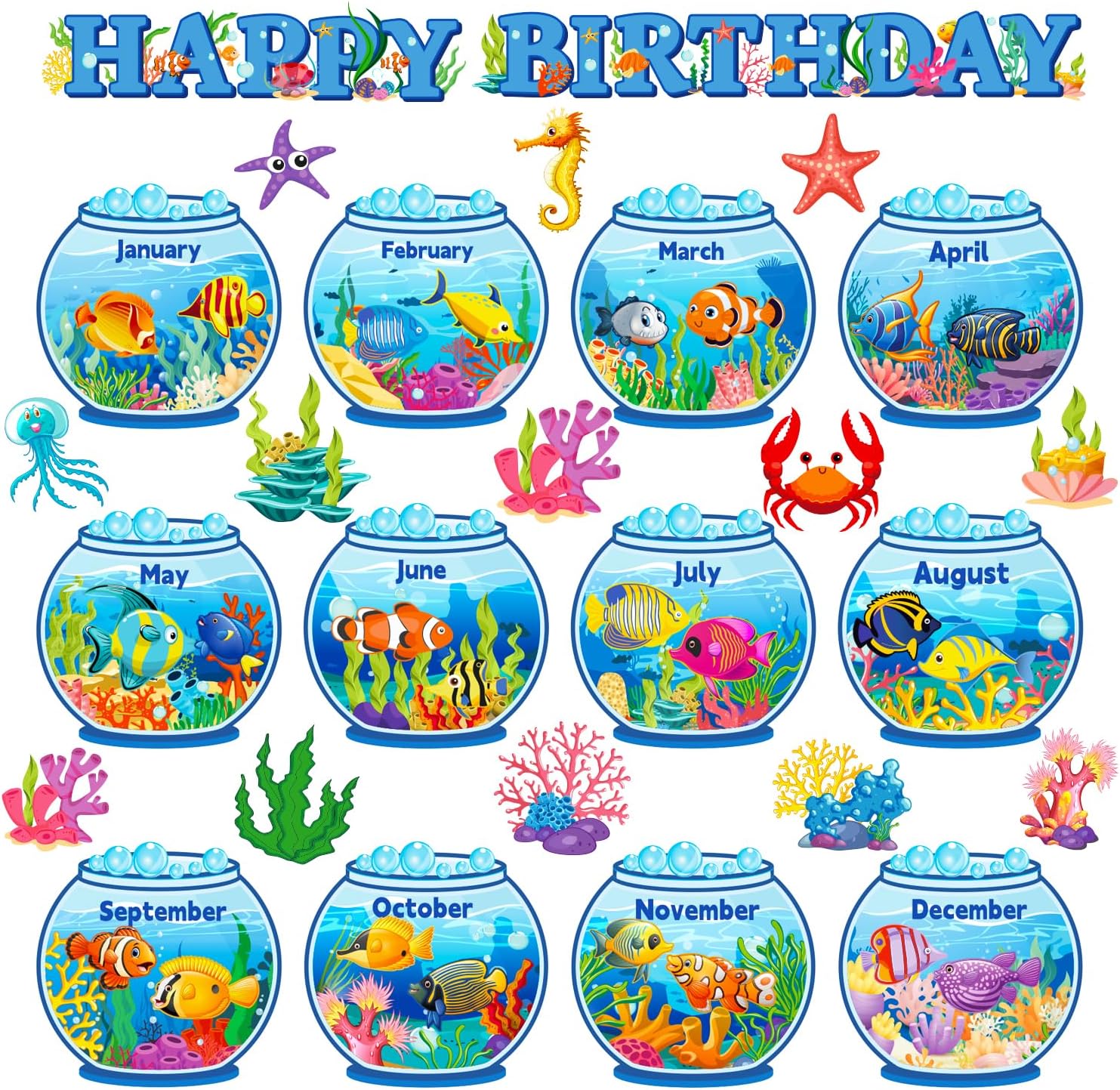 Amazon.com: Under The Sea Bulletin Board Decorations Set 58 Pcs, Ocean ...