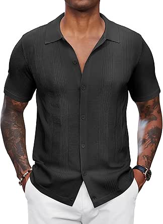 Amazon.com: COOFANDY Men's Knit Shirt Short Sleeve Button Down Vintage Polo Shirts Casual Summer ...