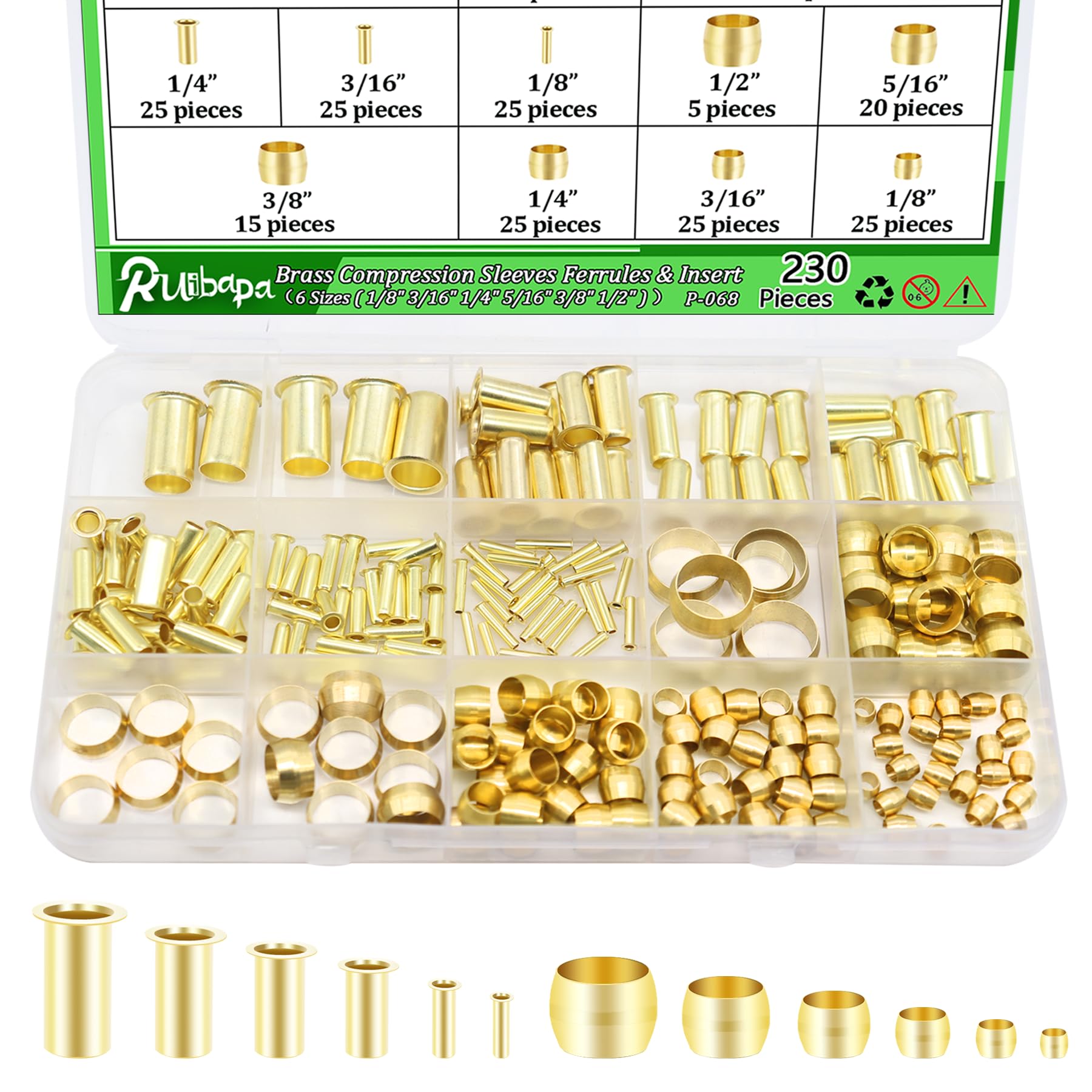 Ruibapa 230PCS Brass Compression Sleeves Ferrules & Insert 1/2" 3/8" 5/ ...