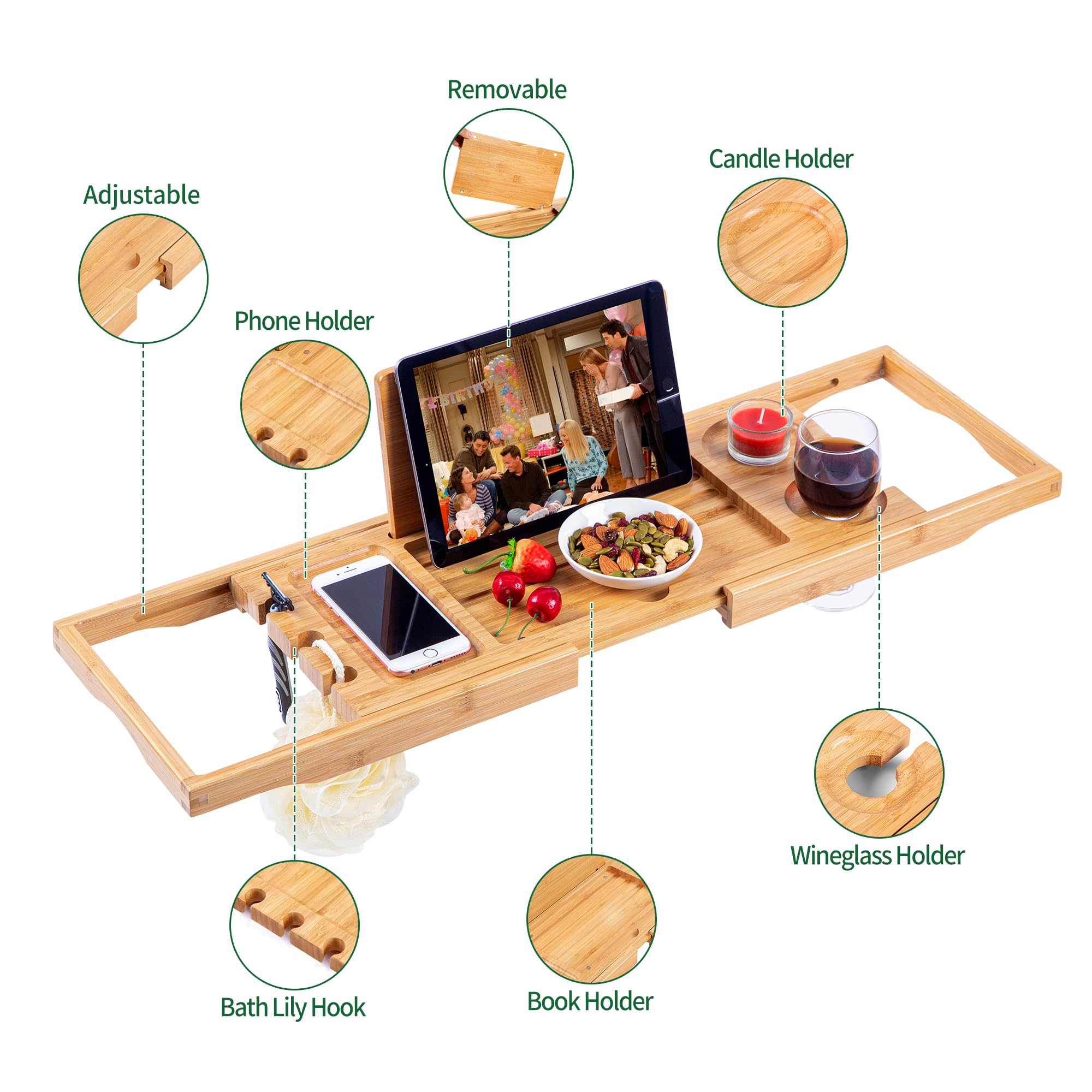 Utoplike Bamboo Bathtub Caddy Tray Bath Tray for Tub, Adjustable ...