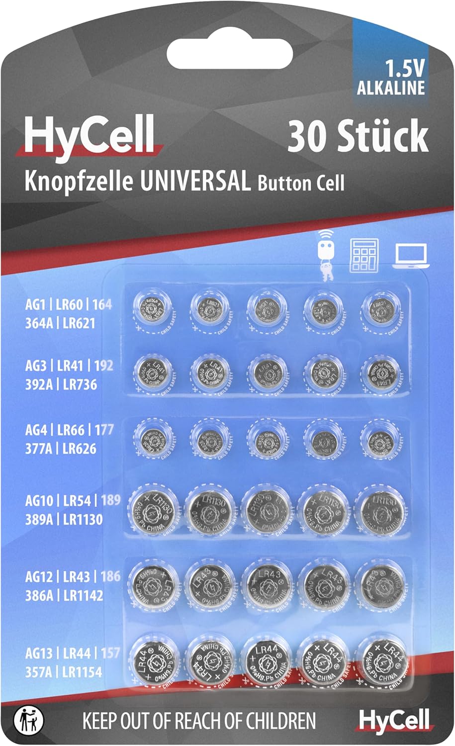 HyCell Alkaline Knopfzellen Set AG1, AG3, AG4, AG10, AG12, AG13, 1,5V ...