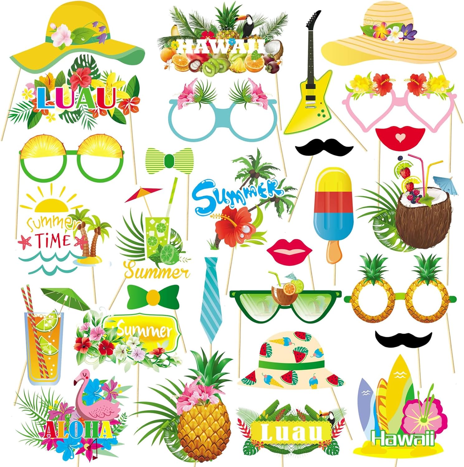 29 PCS Hawaiian Photo Booth Props, LMSHOWOWO Funny Luau Photo Props ...