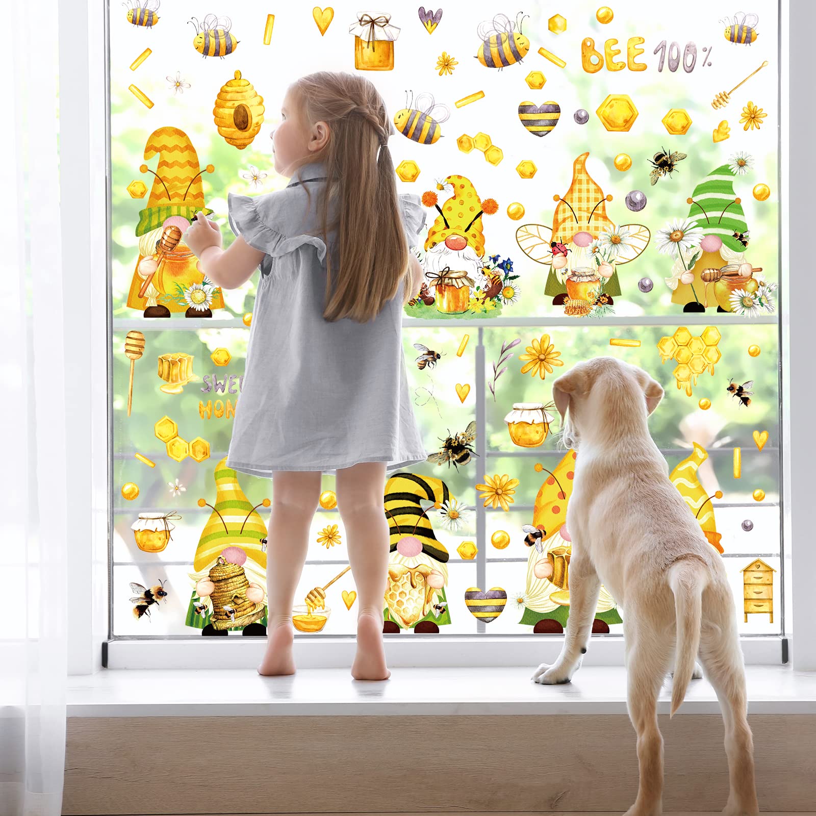 Snapklik.com : 9 Sheets Bee Gnome Window Clings Summer Floral Honeycomb ...