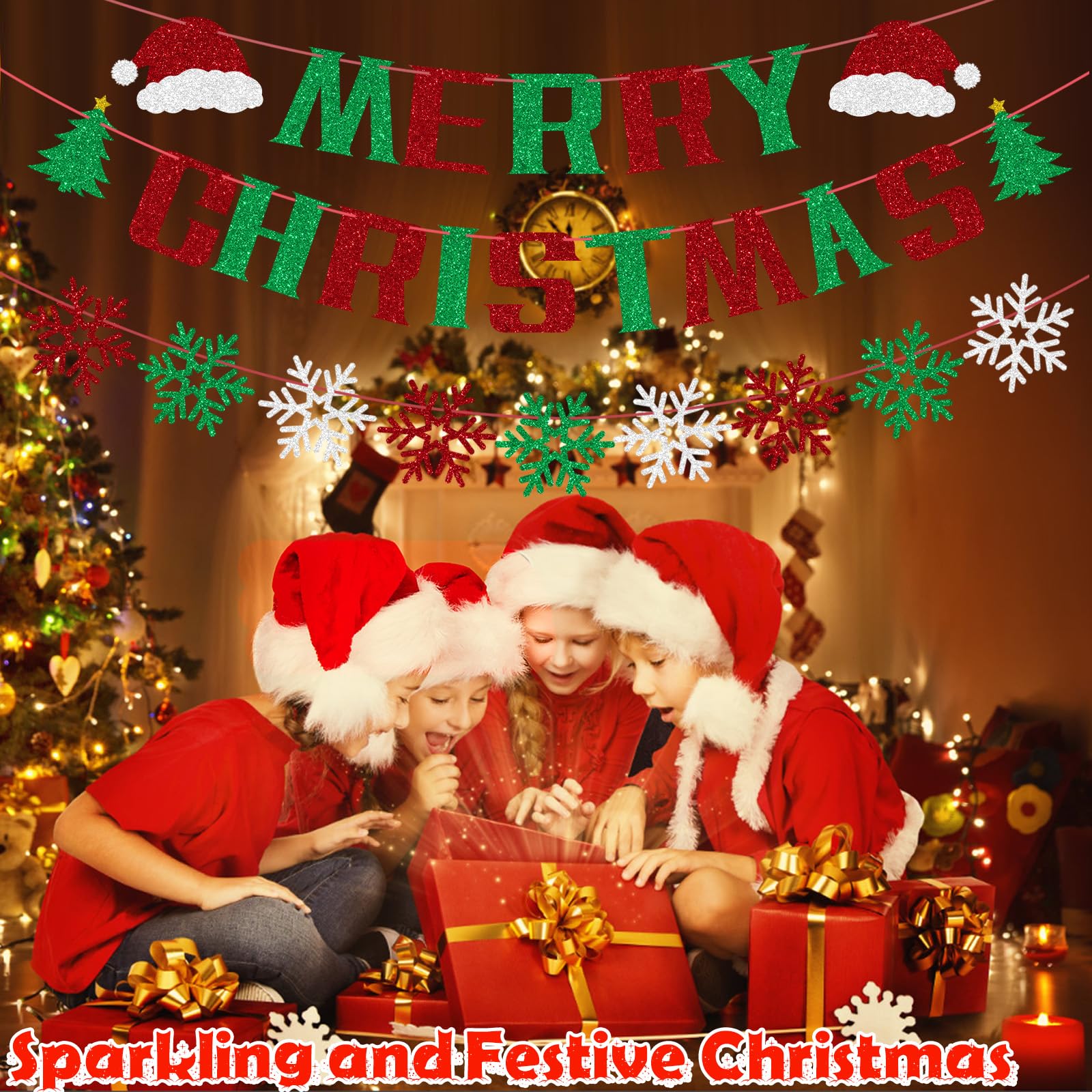 Christmas Birthday Party Decorations Red & Green Glittery LED Merry ...