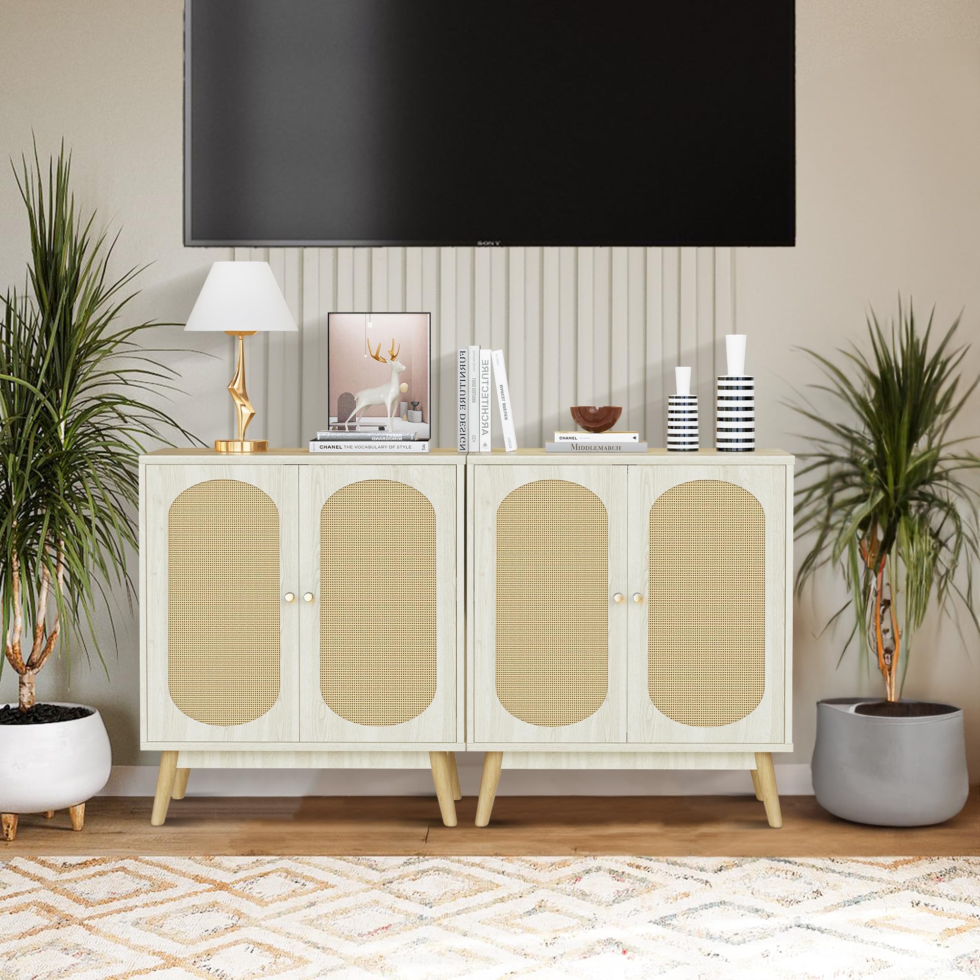 Amazon.com - JOZZBY Rattan Sideboard Buffet Cabinet Set of 3, White ...