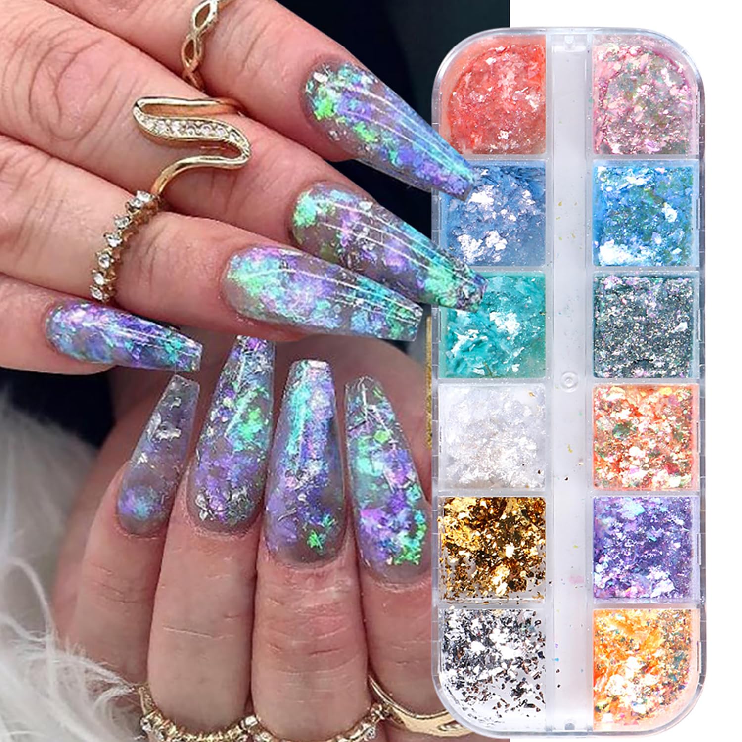 Amazon.com: 12 Colors Holographic Opal Nail Flakes Glitters Opal Powder ...